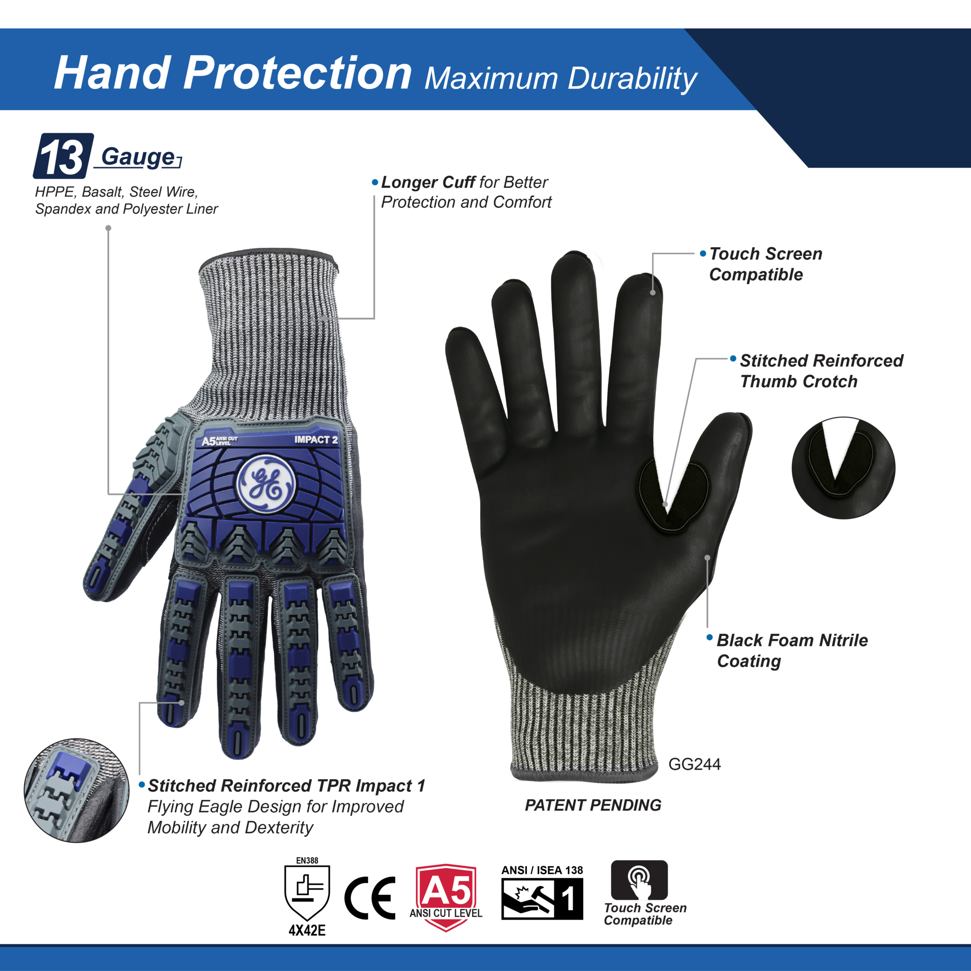 General Electric, Impact Gloves, Foam Nitrile, 13GA, 1 Pair, L, Size L ...