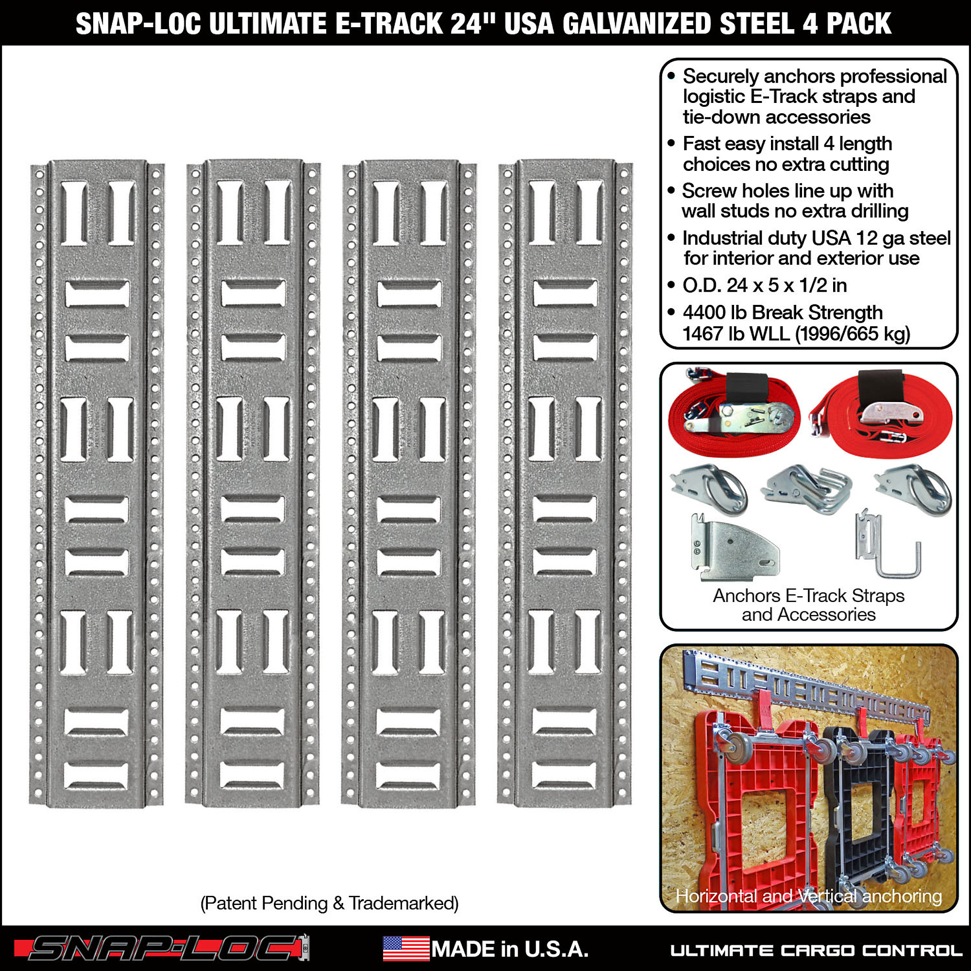 Snap-Loc Cargo Control, Fast-Track E-Track 24in. 4-Pack, Pieces (qty ...