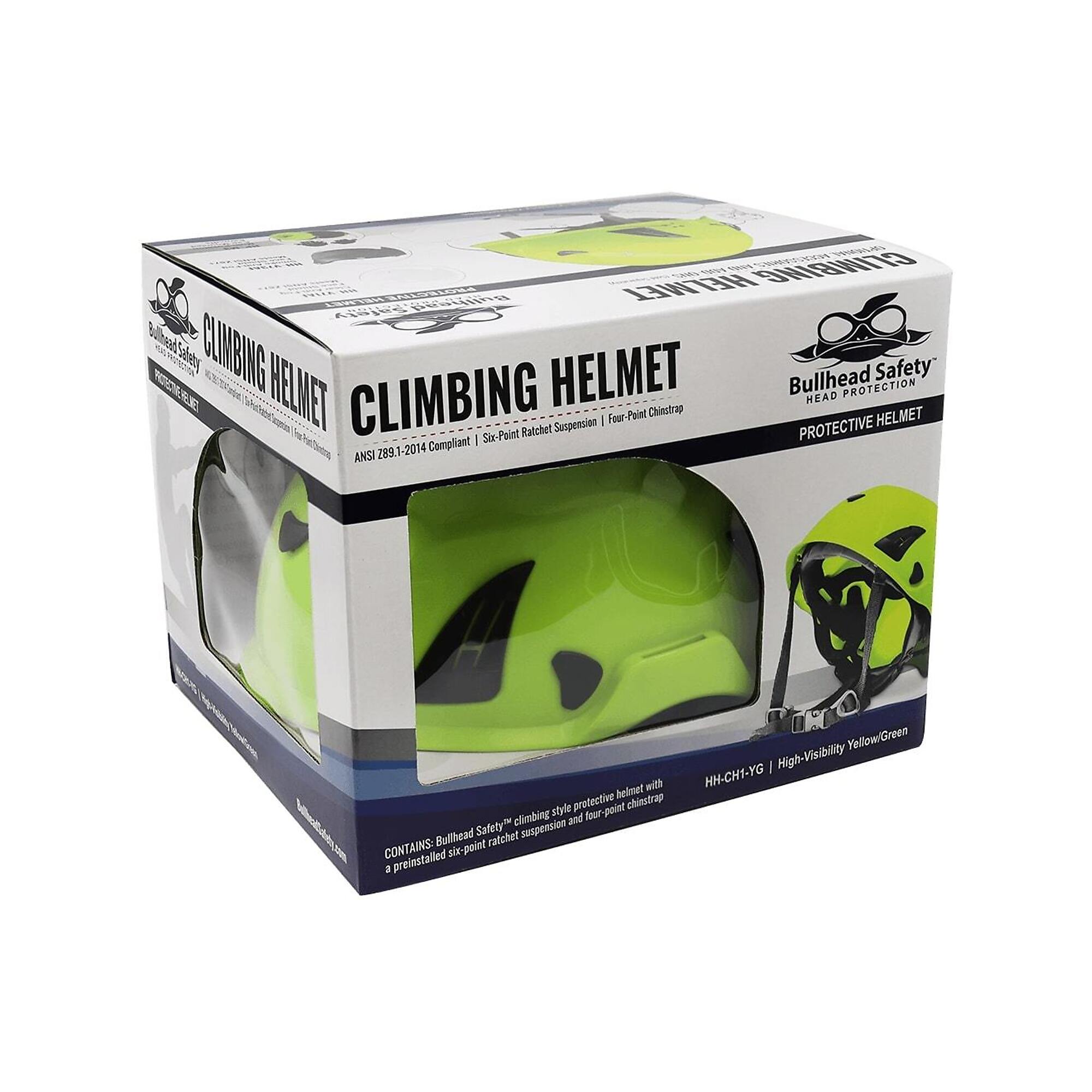 Bullhead Safety, Hi-Vis Yel/Grn Climbing Helmet, 6-Point Suspension ...