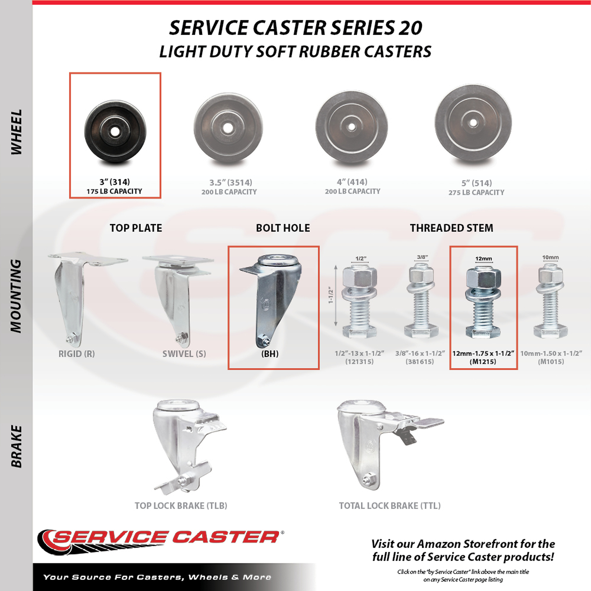 Service Caster, 3in. x 1 1/4in. Stem Casters, Wheel Diameter 3 in ...