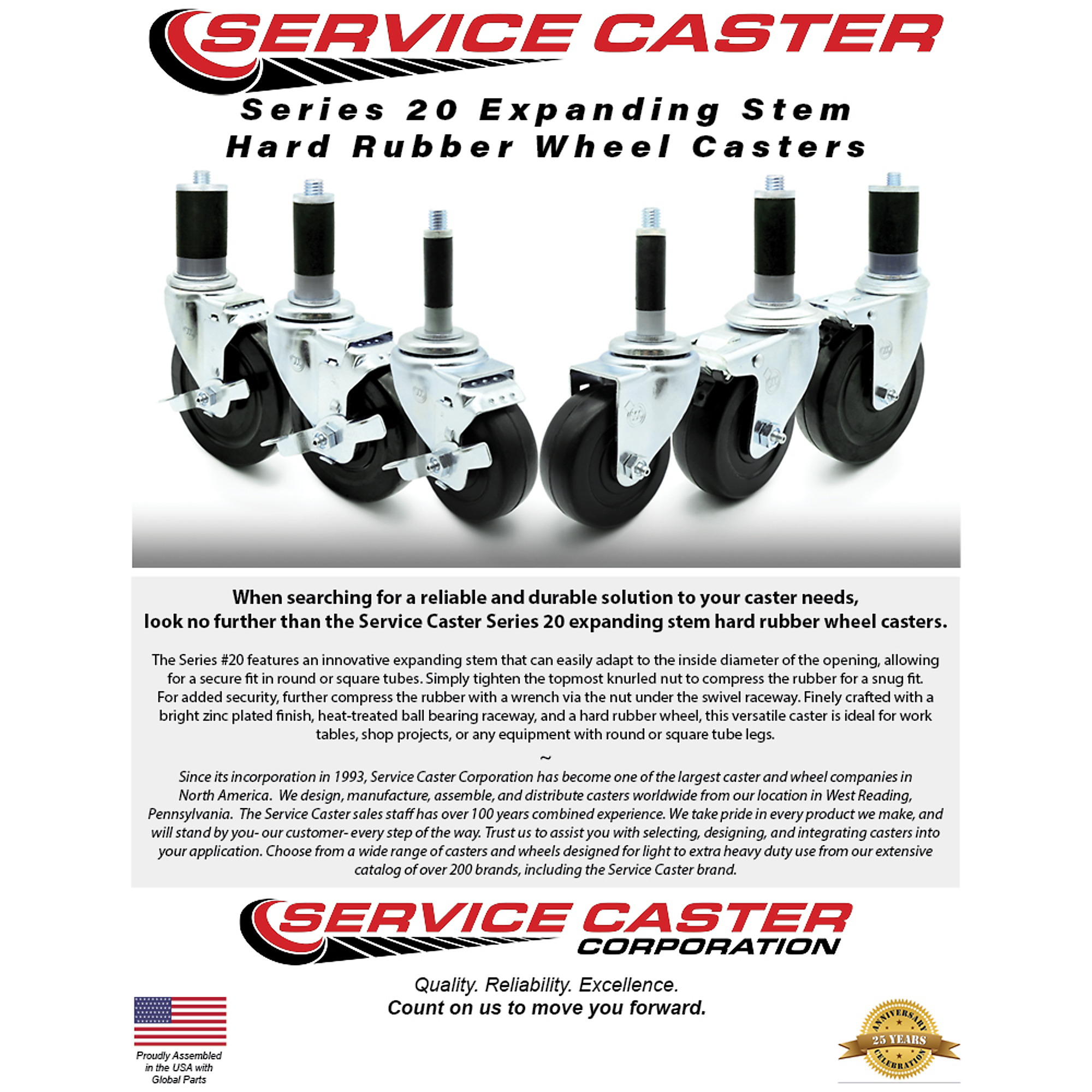 Service Caster, 3 1/2in. x 1 1/4in. Stem Casters, Wheel Diameter 3.5 in ...