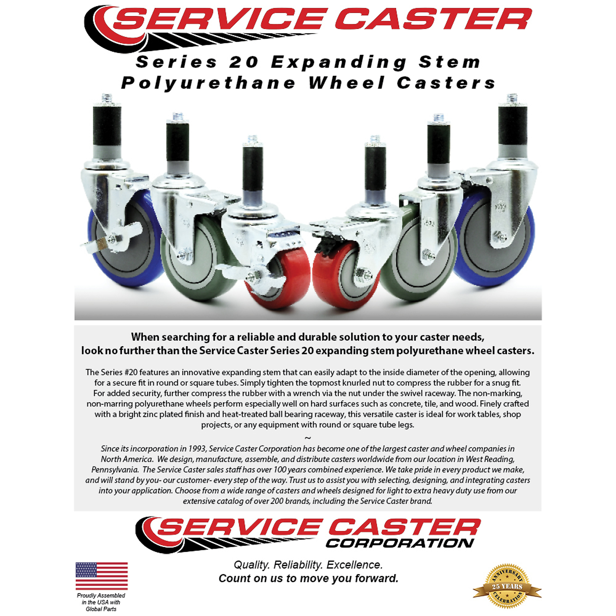 Service Caster, 3 1/2in. x 1 1/4in. Stem Casters, Wheel Diameter 3.5 in ...