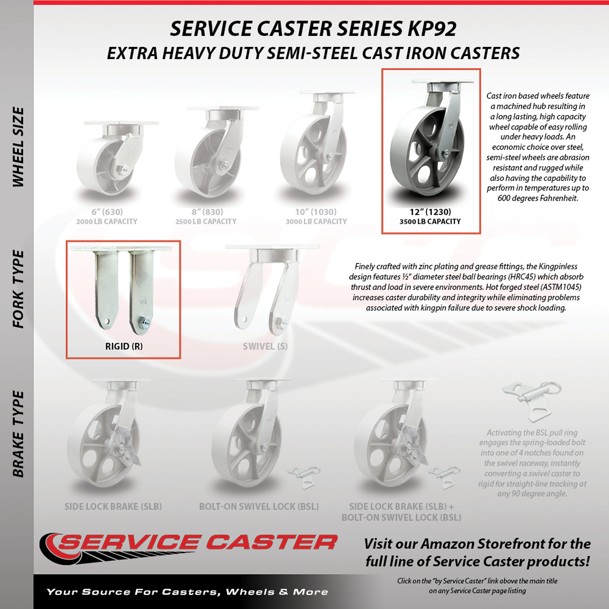 Service Caster, 12in. x 3in. Plate Caster, Wheel Diameter 12 in, Caster ...