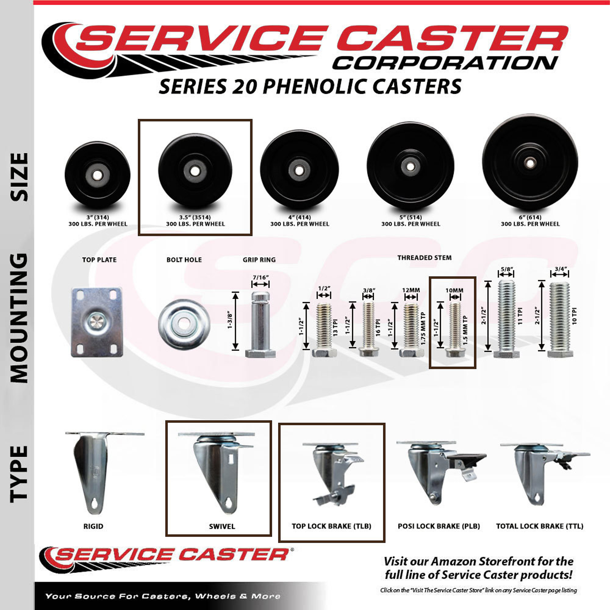 Service Caster, 3 1/2in. x 1 1/4in. Stem Casters, Wheel Diameter 3.5 in ...