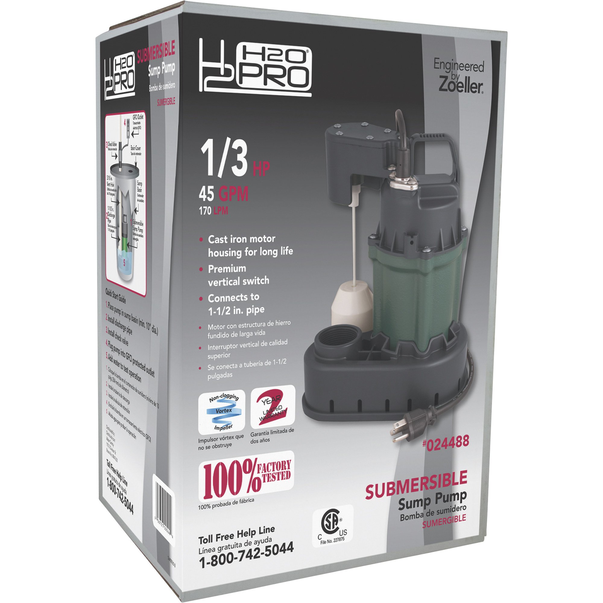 H2O Pro Self-Priming Cast Iron Submersible Sump Pump — 1/3 HP, 2,400 ...