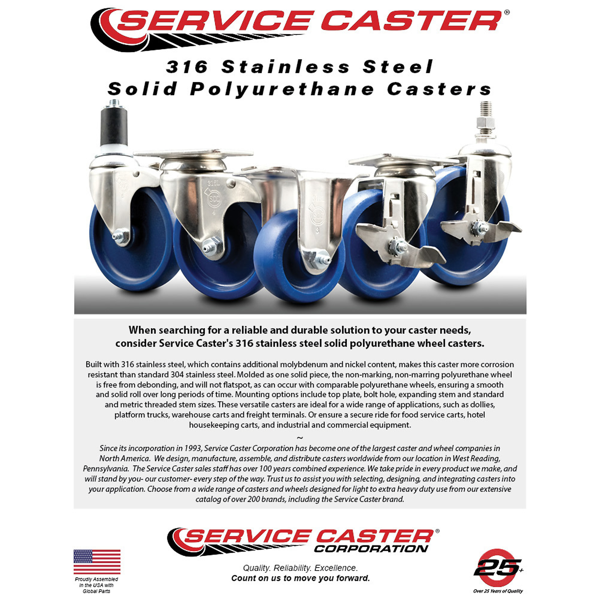 Service Caster, 3 1/2in. x 1 1/4in. Stem Casters, Wheel Diameter 3.5 in ...