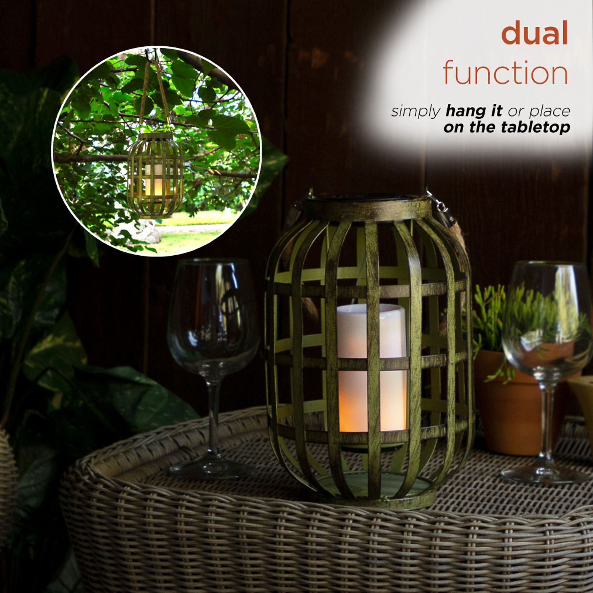 Alpine Corporation, Solar Green Metal Lantern w/ Flickering LED Light ...