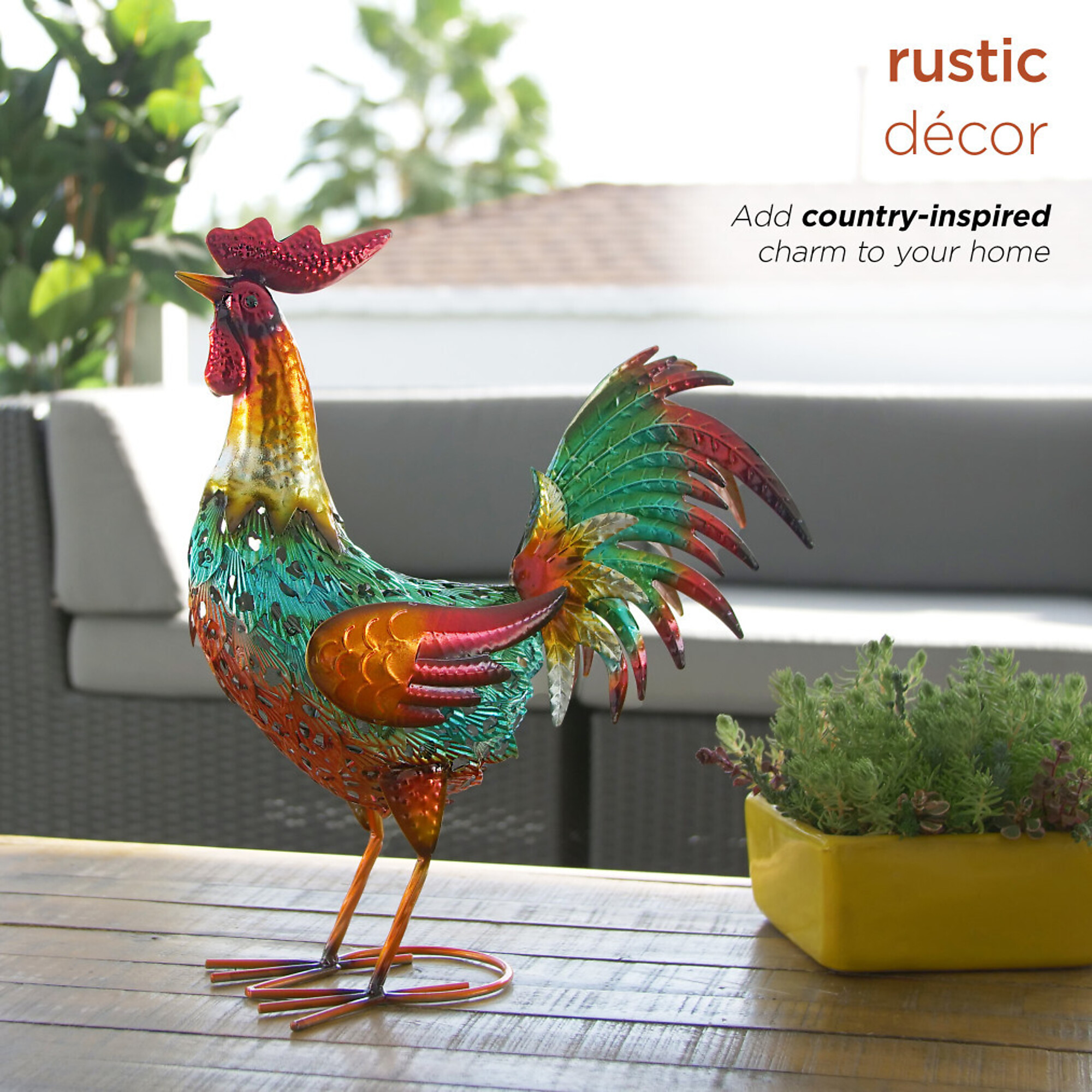 Alpine Corporation, Glossy Metal Rooster Decor with Dark Red Tail ...