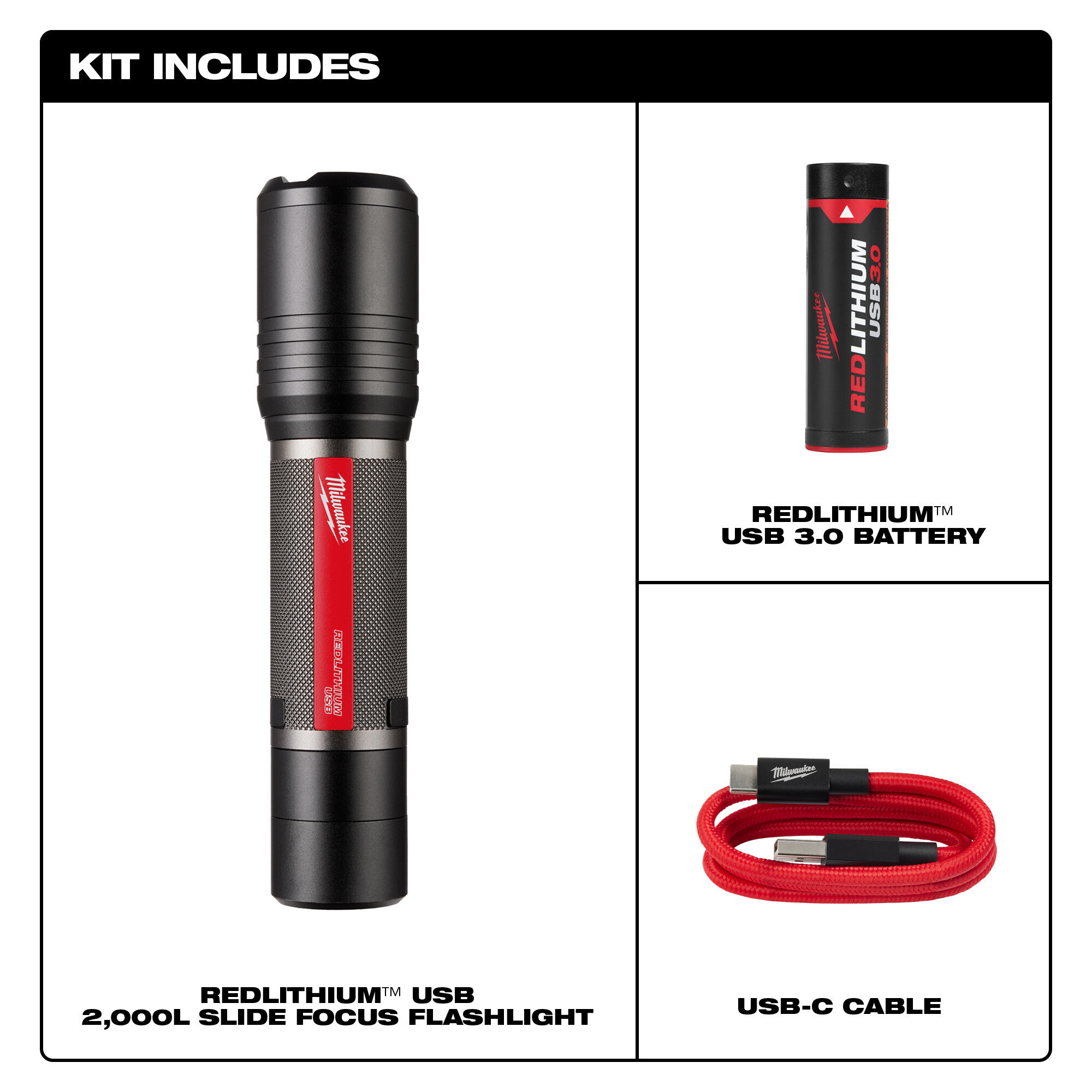 Milwaukee REDLITHIUM USB 2000-Lumen Slide Focus Flashlight, Model# 2162 ...