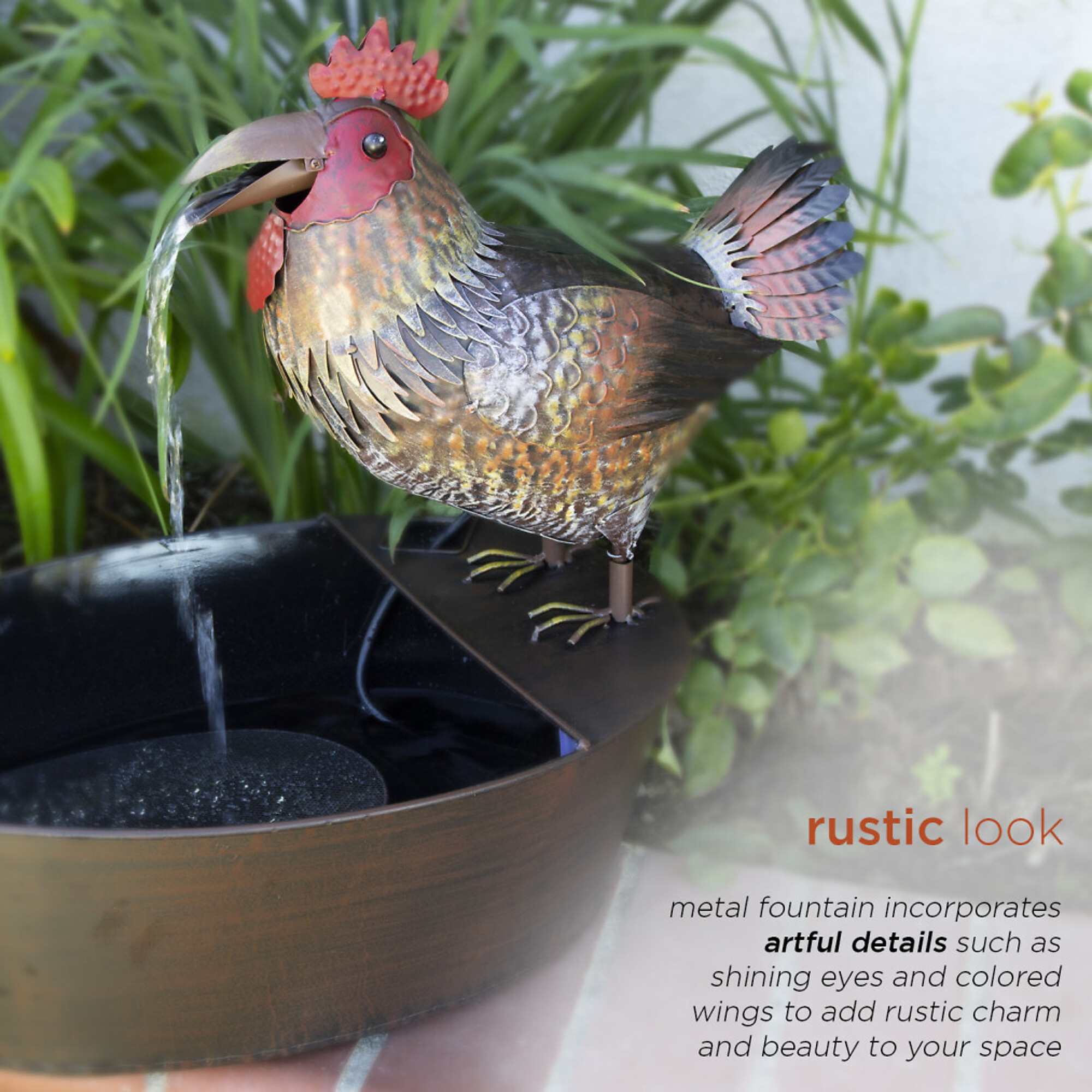 Alpine Corporation, Rustic Metal Rooster with Moving Beak Fountain ...