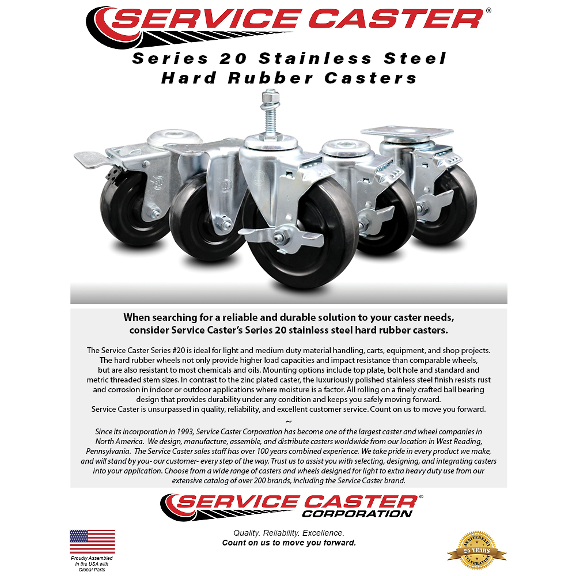 Service Caster, 3 1/2in. x 1 1/4in. Stem Casters, Wheel Diameter 3.5 in ...