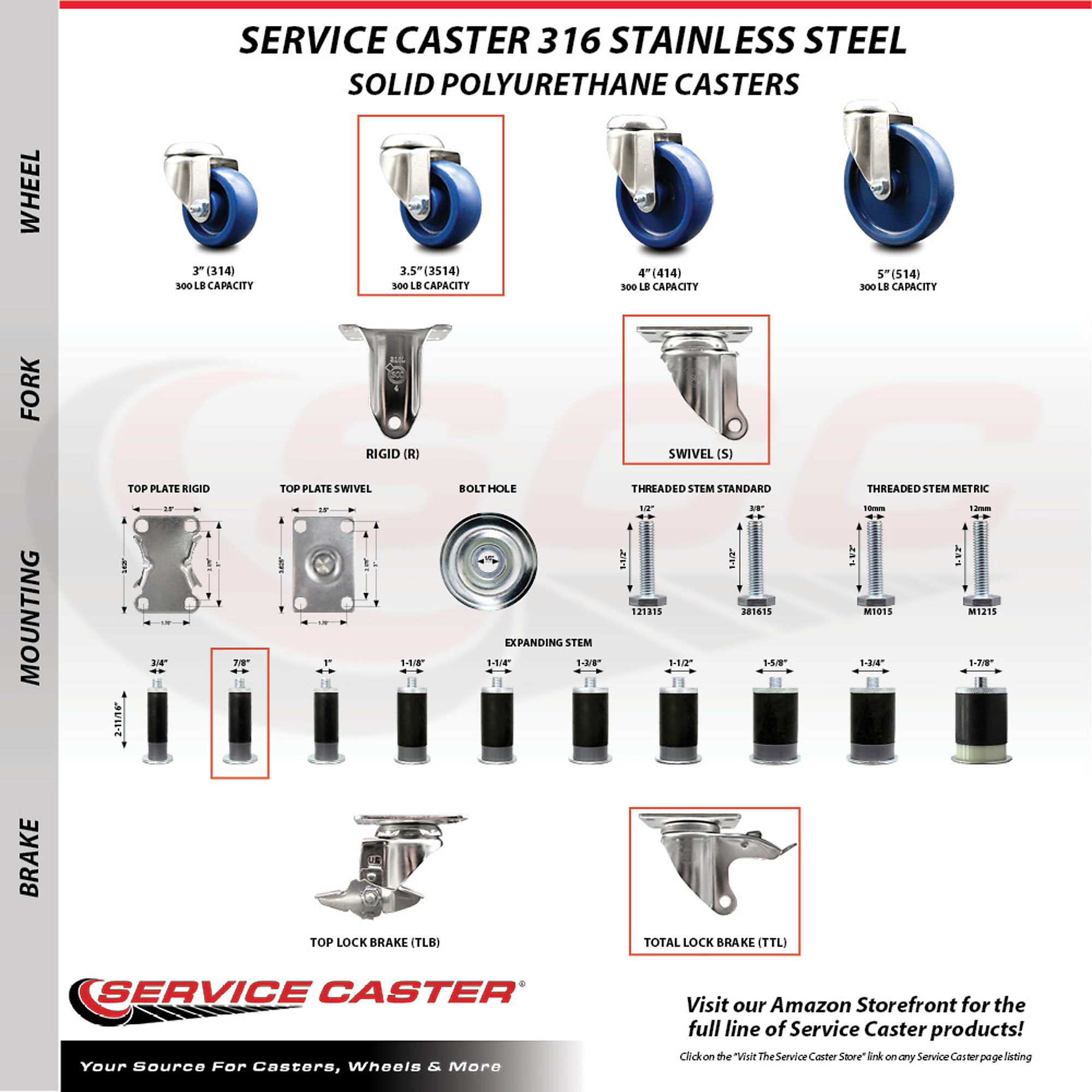 Service Caster, 3 1/2in. x 1 1/4in. Stem Casters, Wheel Diameter 3.5 in ...