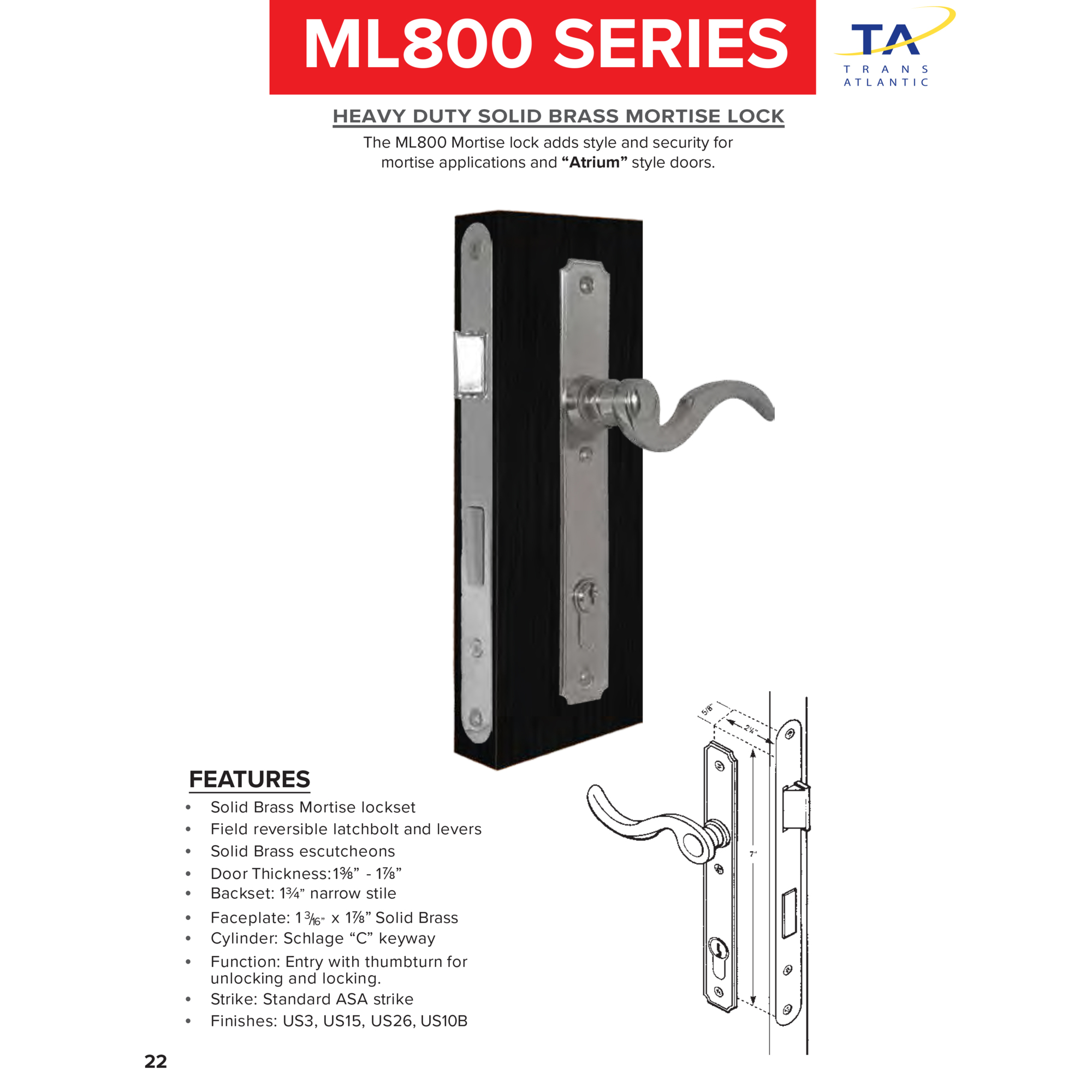 Trans Atlantic, ML800 Series Entry Atrium Mortise Lock with Thumb Turn ...