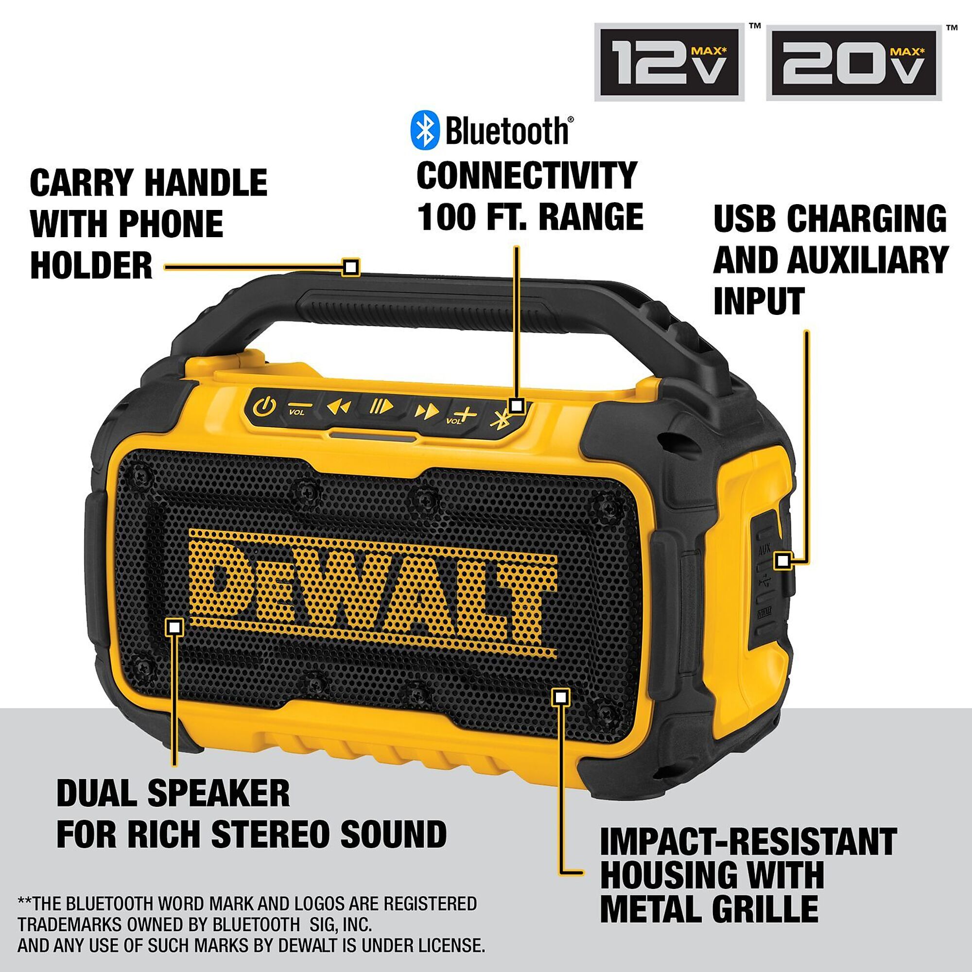 DEWALT, 20V MAX* Bluetooth Speaker For Jobsite, Tool Only, Battery Life ...