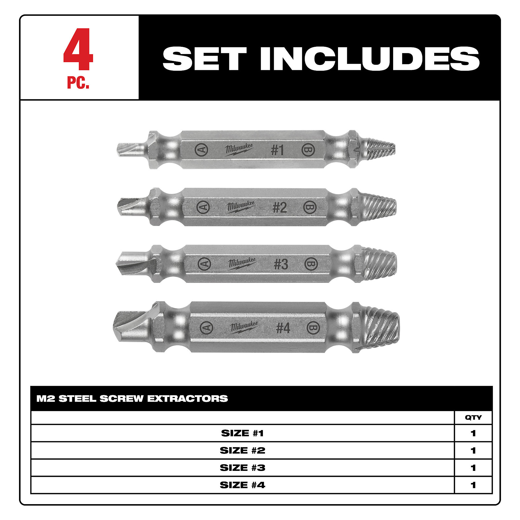 Milwaukee, M2 Steel Screw Extractor Set 4PC, Extractor Type Screw ...
