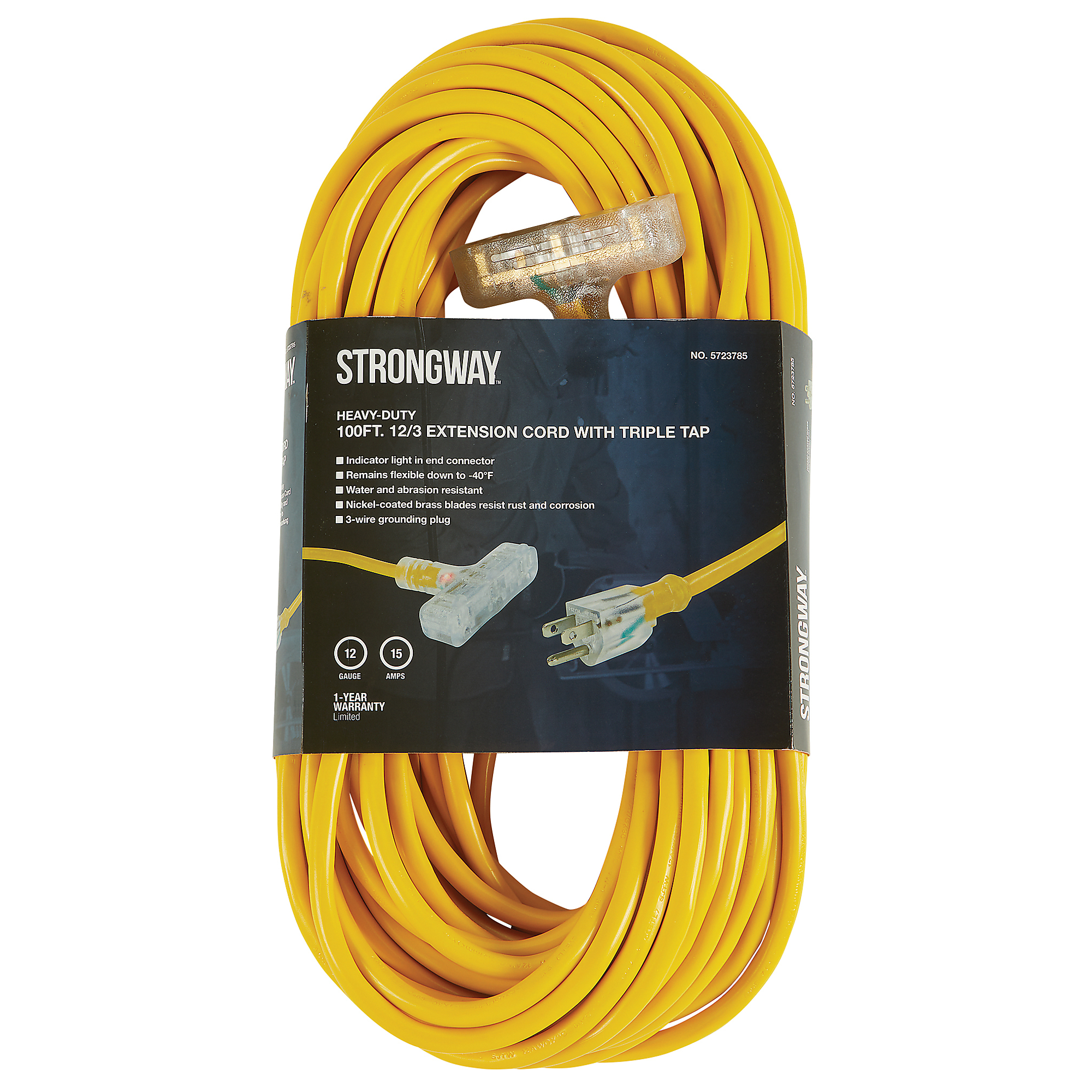Strongway Extension Cord with Triple Adapter, 100ft., 12/3 Ga., 15 Amps ...
