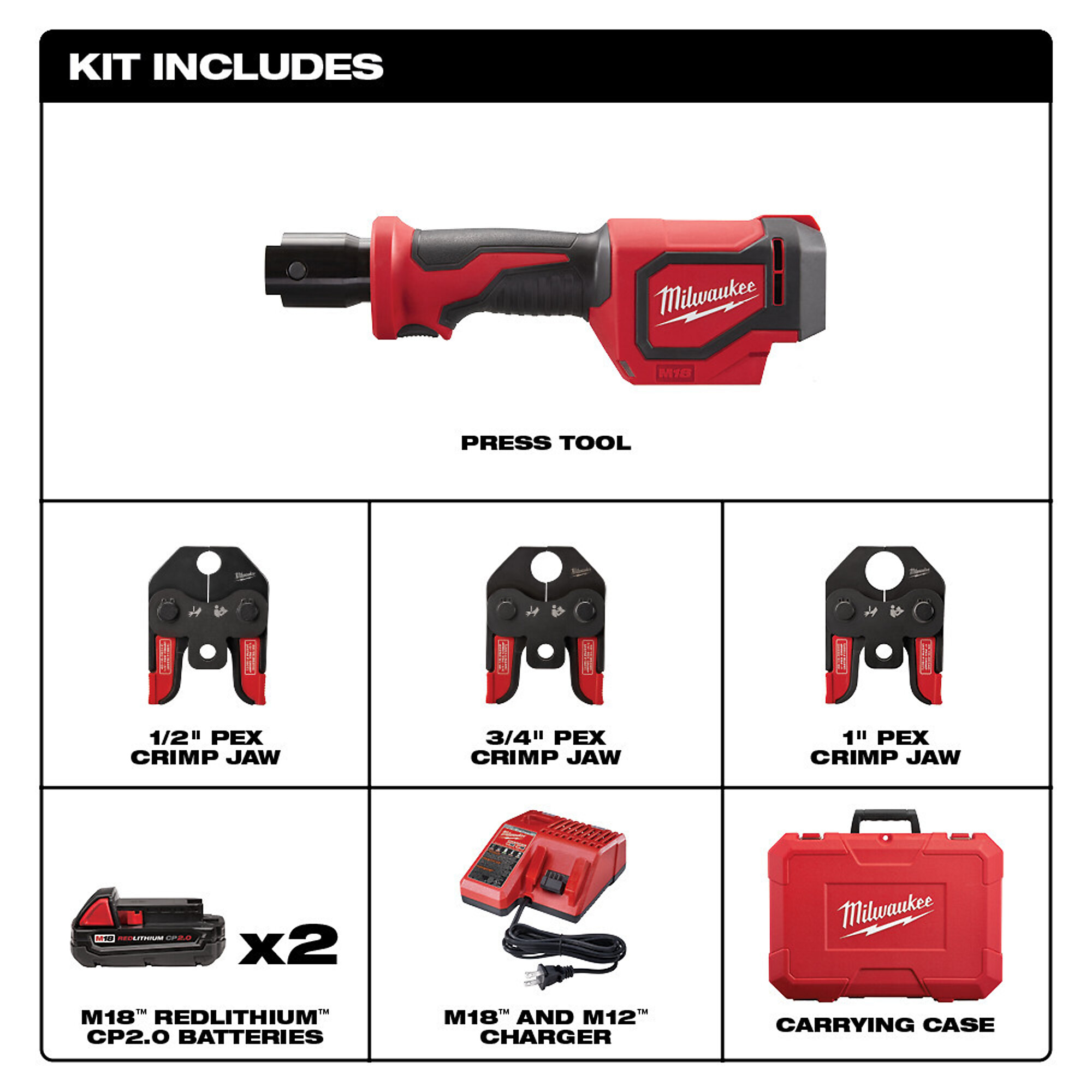 Milwaukee, M18 Short Throw Press Tool Kit with PEX Crimp Jaws, Max ...