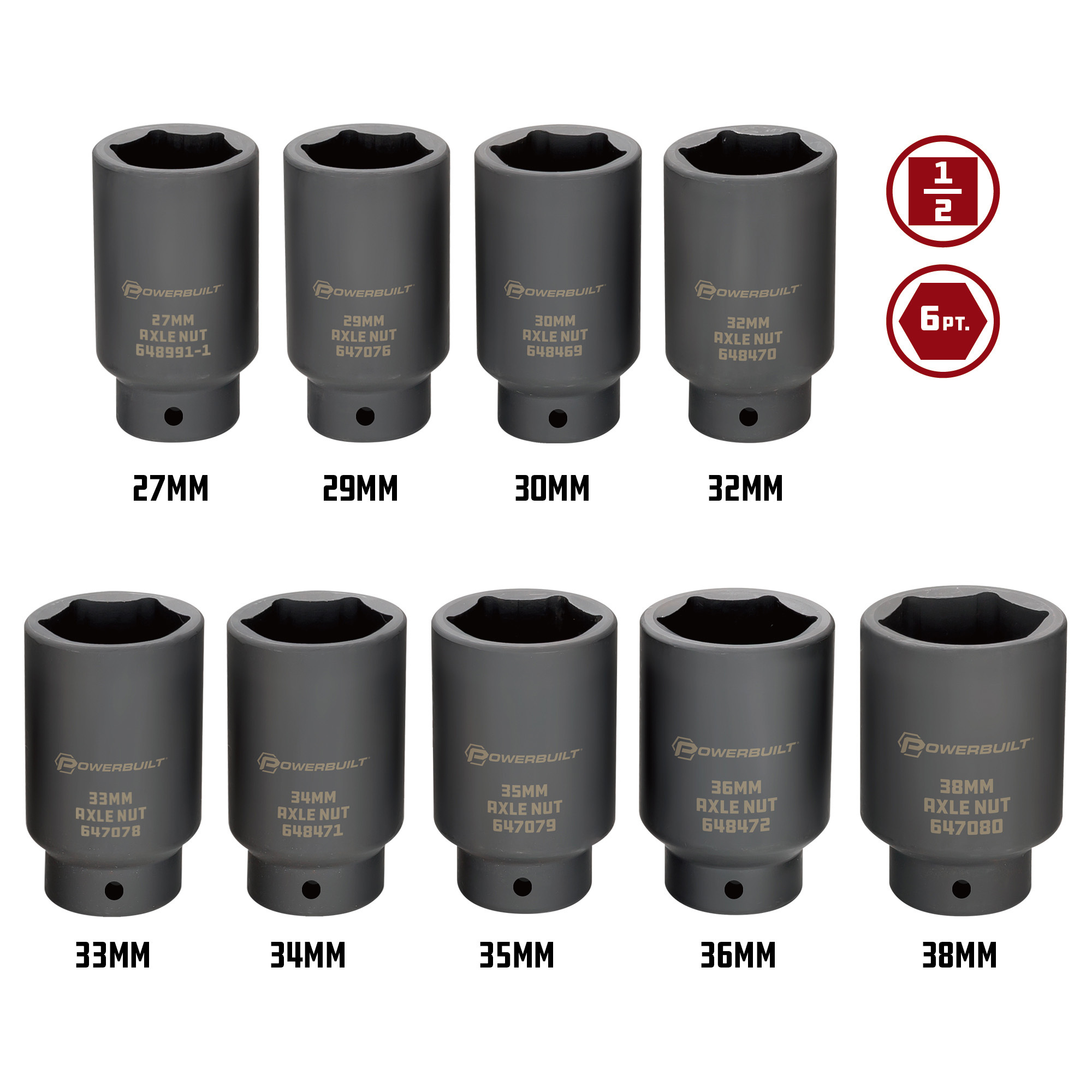 Powerbuilt, 9 Piece Deluxe Axle Nut Socket Set, Model# 648991 ...