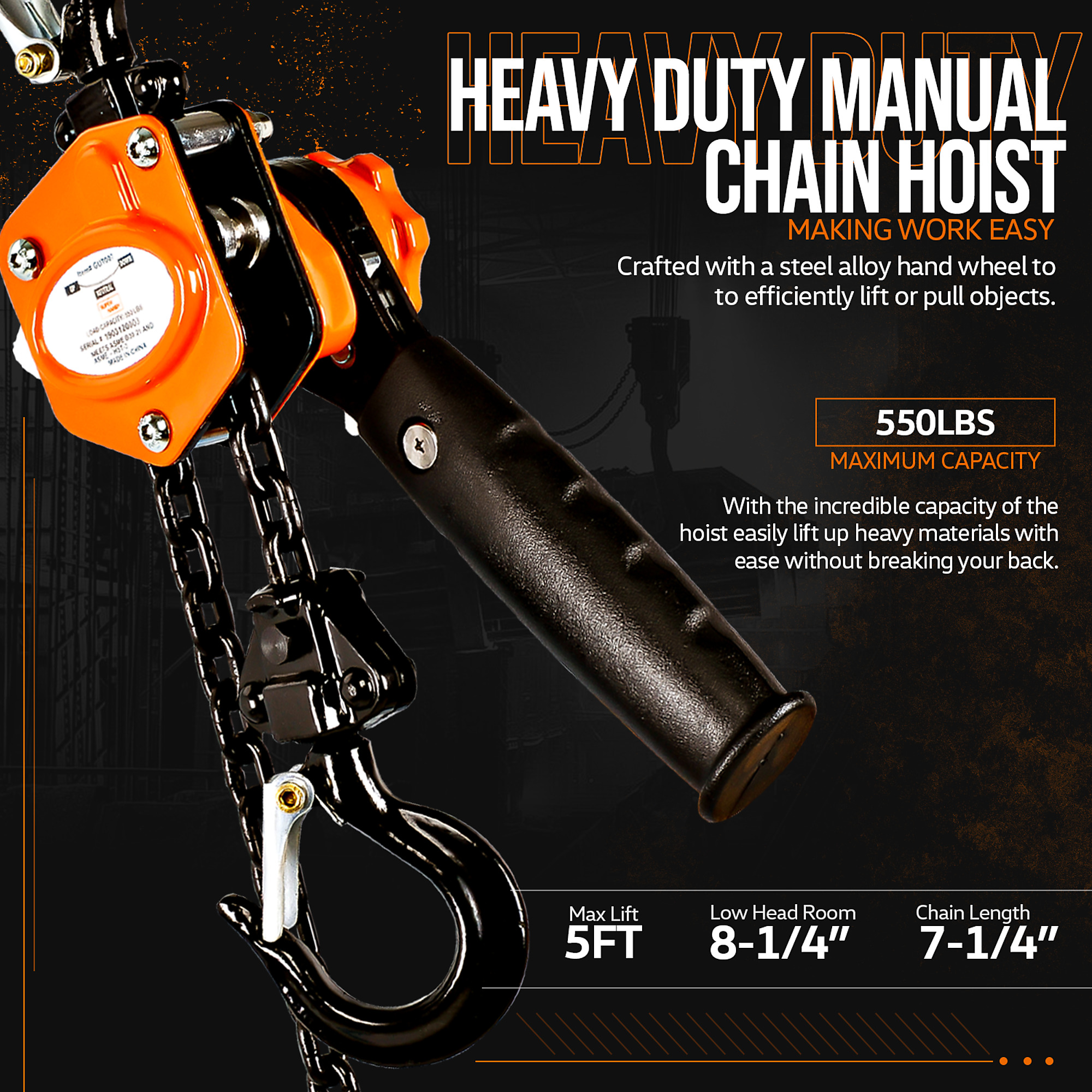 SuperHandy, Manual Chain Hoist, Power Source Manual Gear, Capacity 550 ...