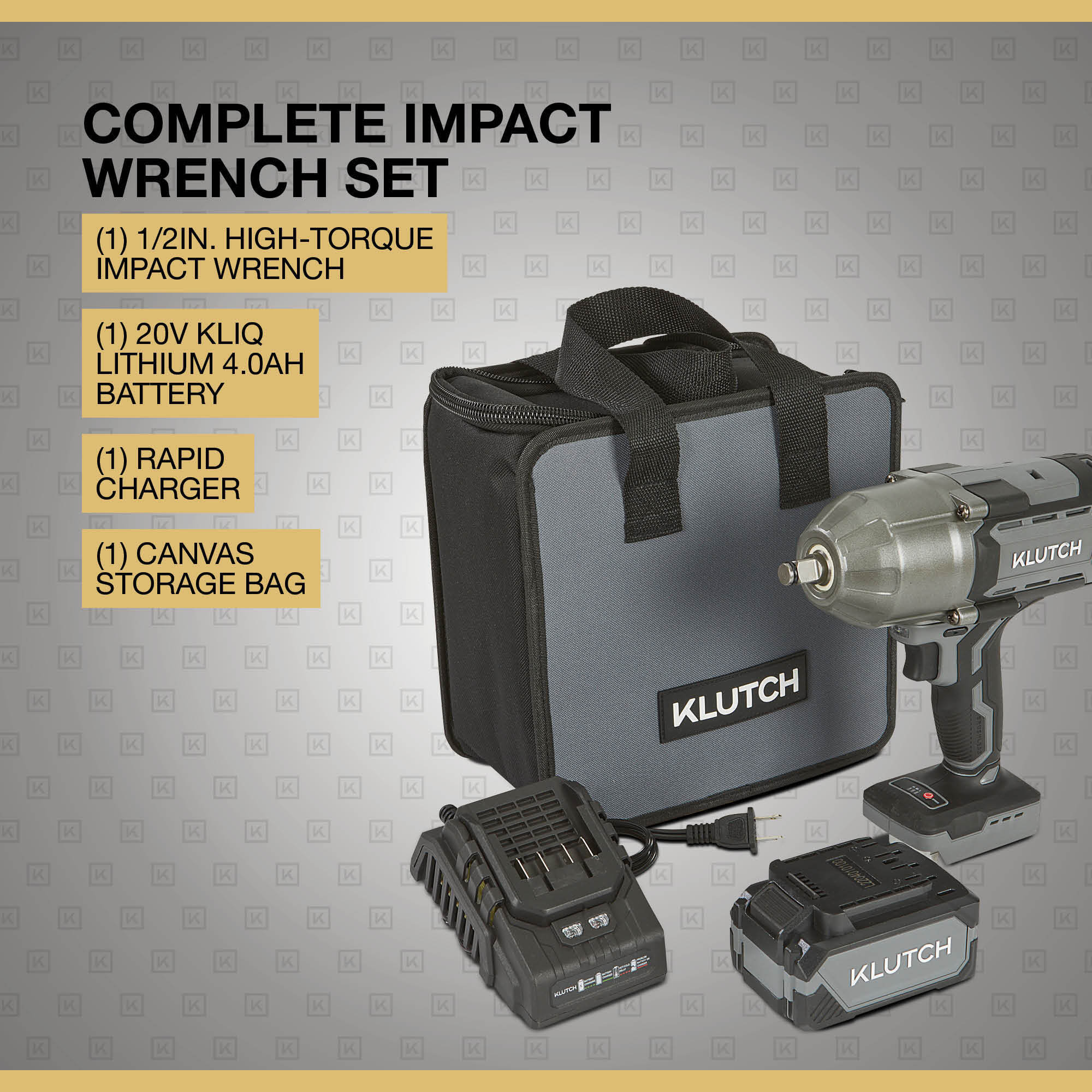 Klutch High-Torque 1/2in. Impact Wrench Kit, KLiQ 20V, 1000 Ft./Lbs ...