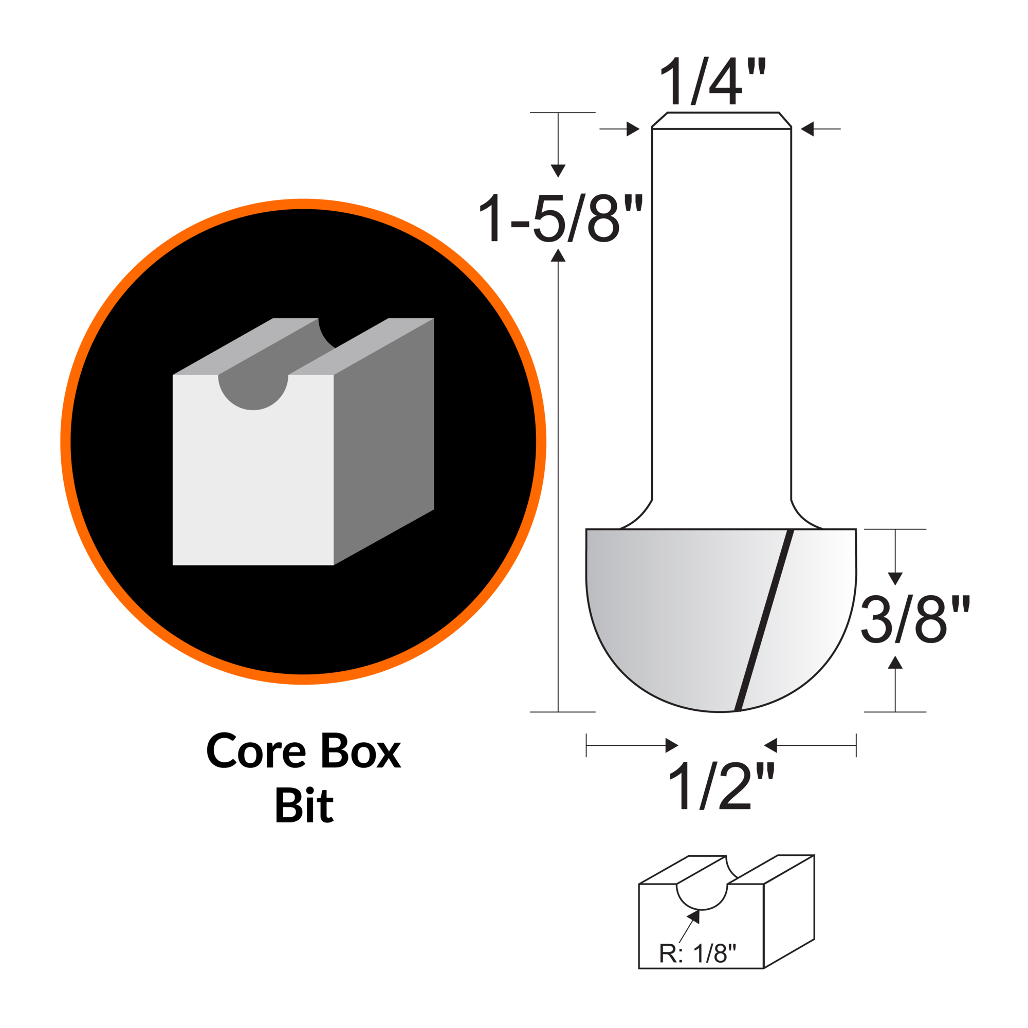 WEN, 1/2in. Core Box Carbide-Tipped Router Bit, Shank Size 1/4 in, Bit ...