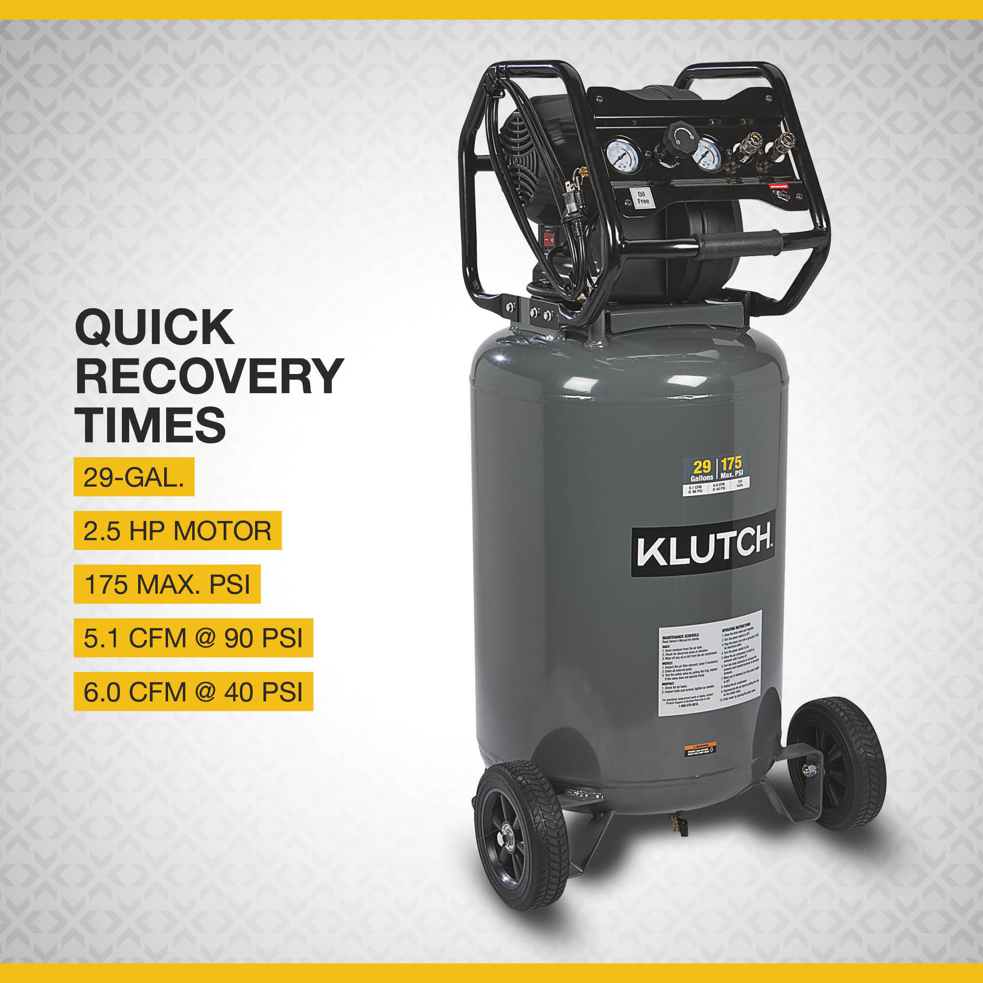 Klutch 29-Gallon Air Compressor, 2.5 HP, 120 Volts, 175 PSI | Northern Tool