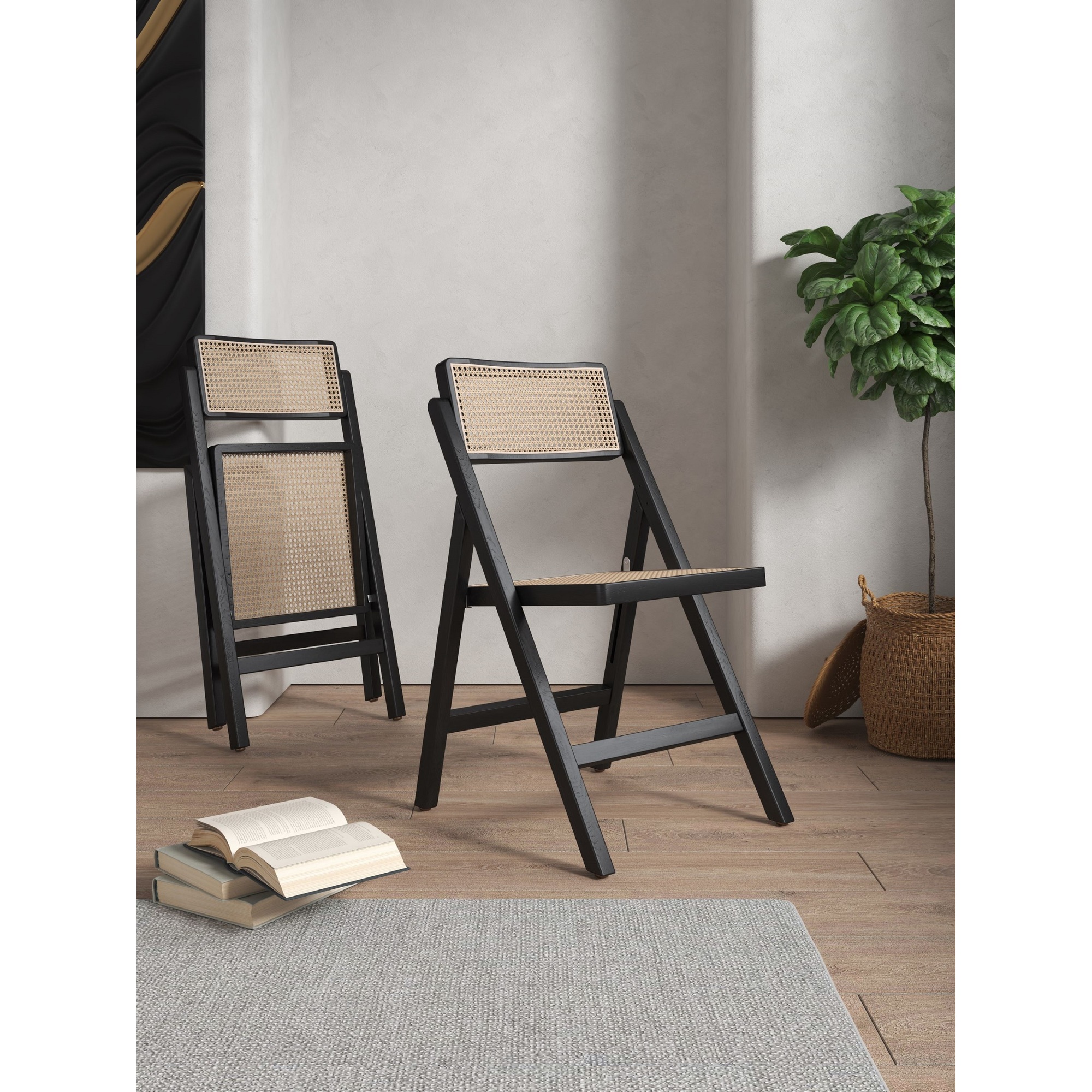 Manhattan Comfort, Pullman Chair in Black and Cane 2-Set, Primary Color ...