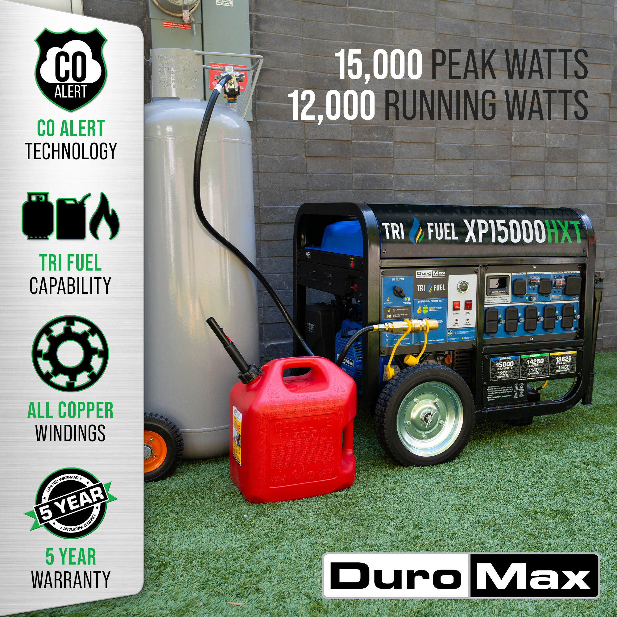 DuroMax, Tri Fuel Portable Generator, Surge Watts 15000 Rated Watts ...