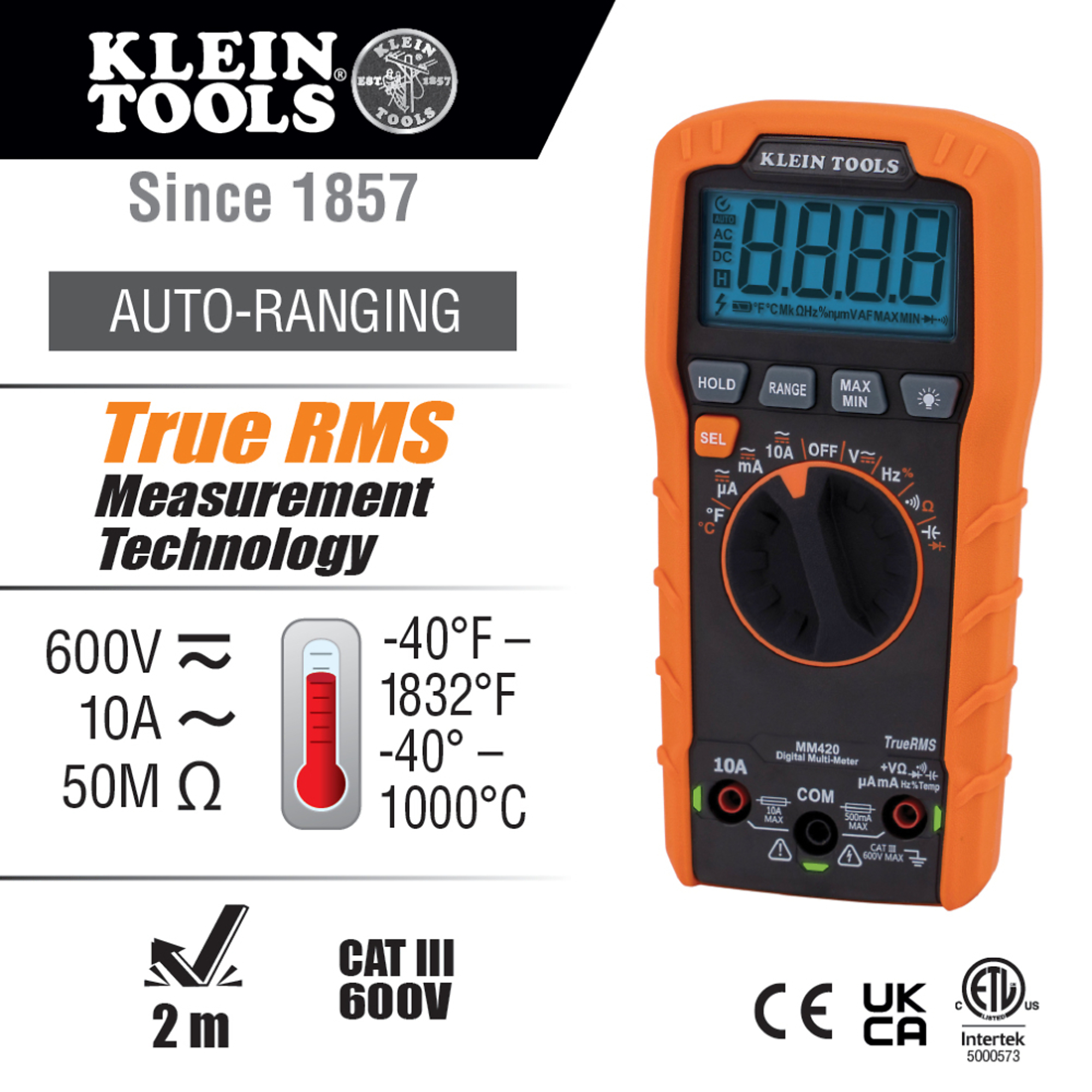 Digital Multimeter, TRMS Auto-Ranging, 600V, Temp, Model# MM420 ...