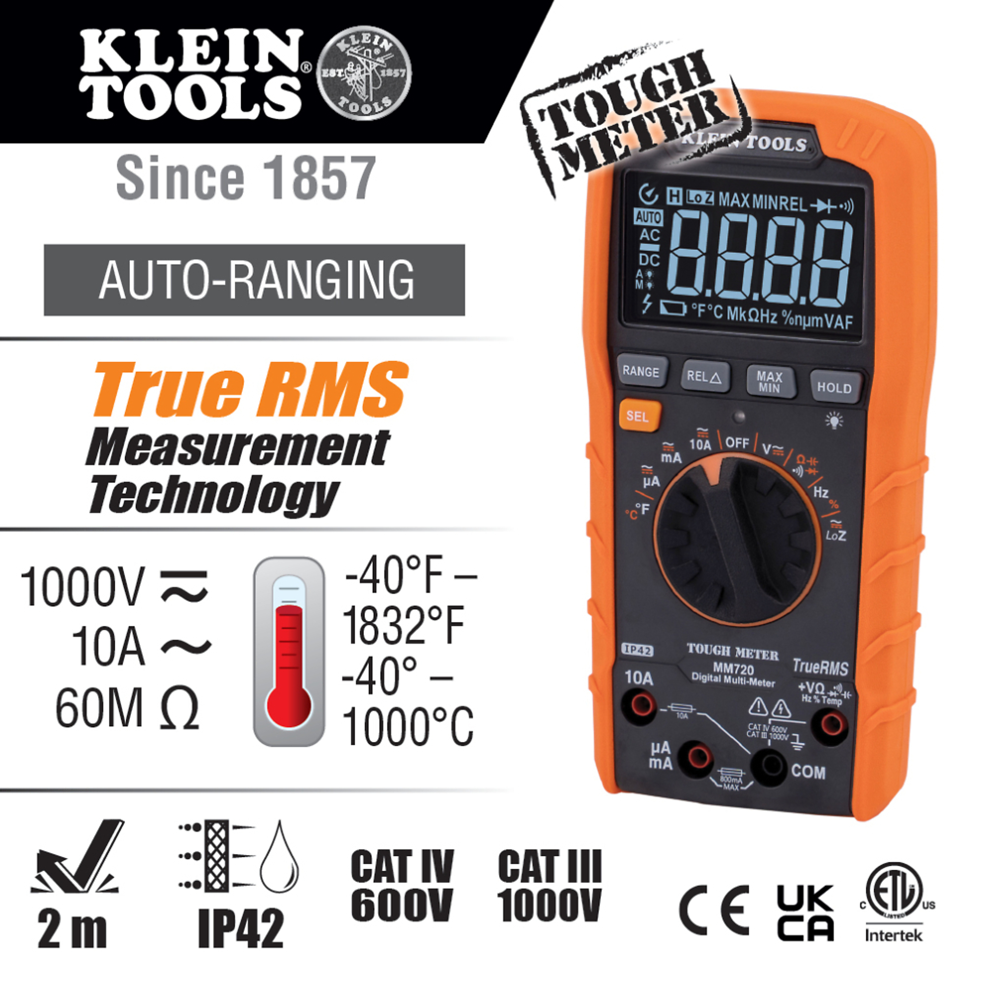 Klein Tools, Digital Multimeter, TRMS Auto 1000V, Model# MM720 ...