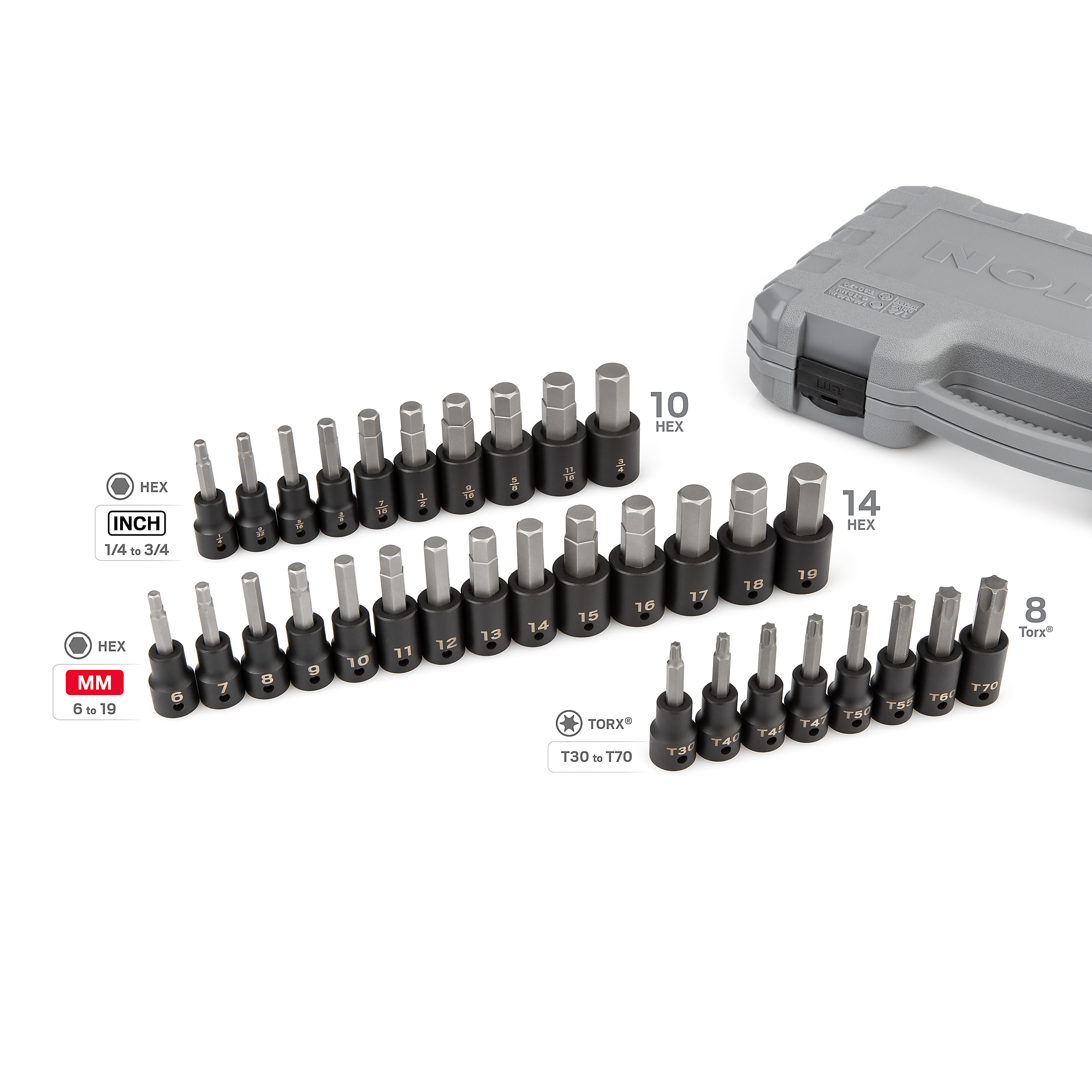 Tekton 32-Pc. 1/2in. Drive Hex/Torx Impact Bit Socket Set - High-Visibility Markings, Storage ...