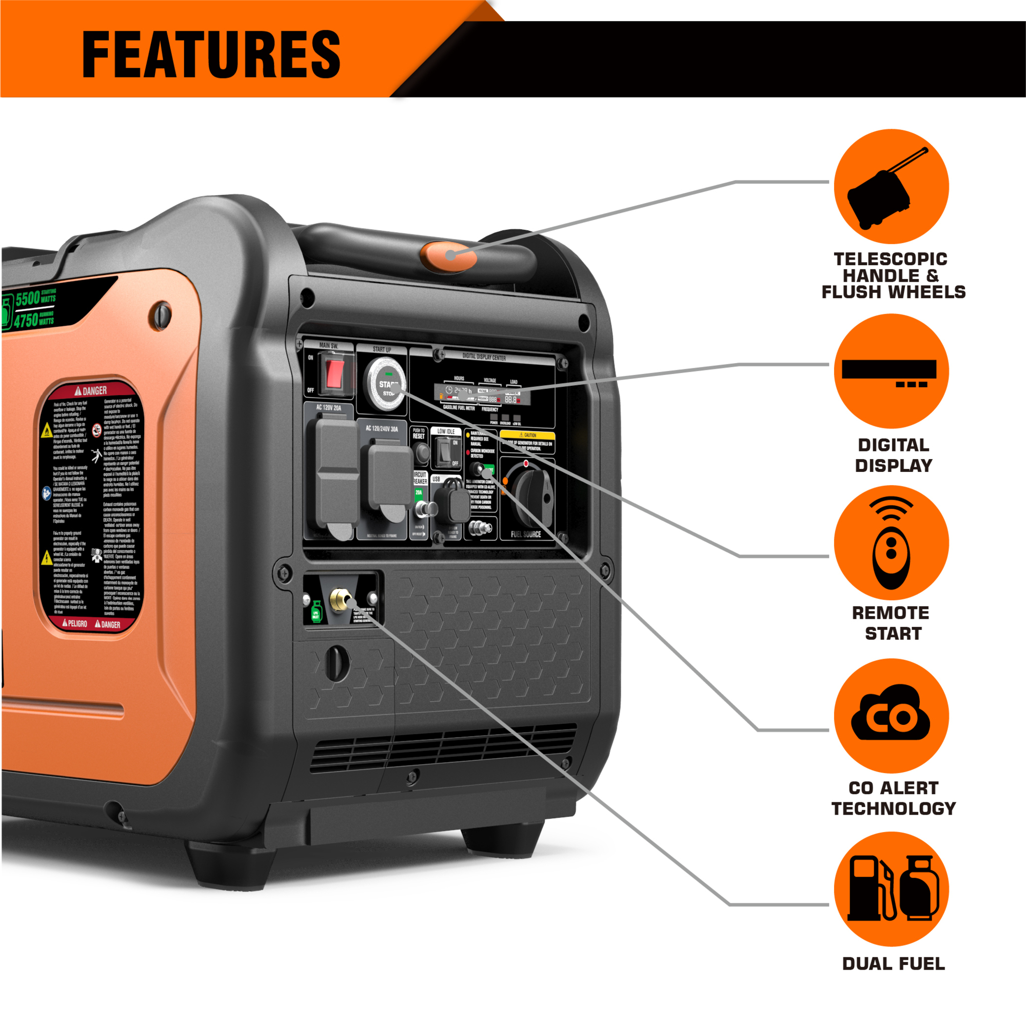 GENMAX, Portable Inverter Generator, 6000W Dual Fuel, Surge Watts 6000 ...