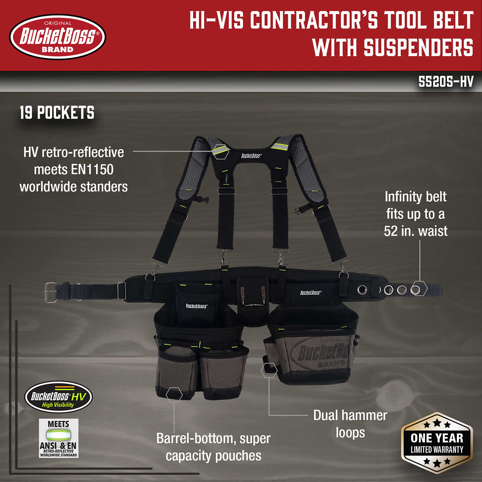 Bucket Boss, Tool Belt with Suspenders, Color Black, Pockets (qty.) 19 ...