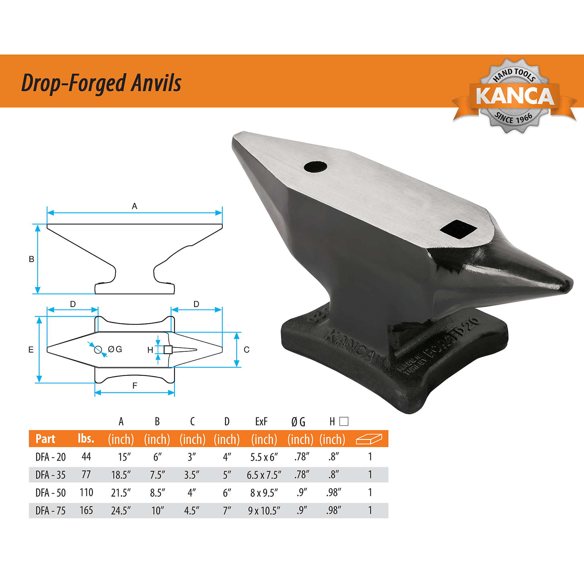 KANCA Drop Forged Anvil - 75kg, 165 Lbs., 24.5in. Face Length, 4.5in ...