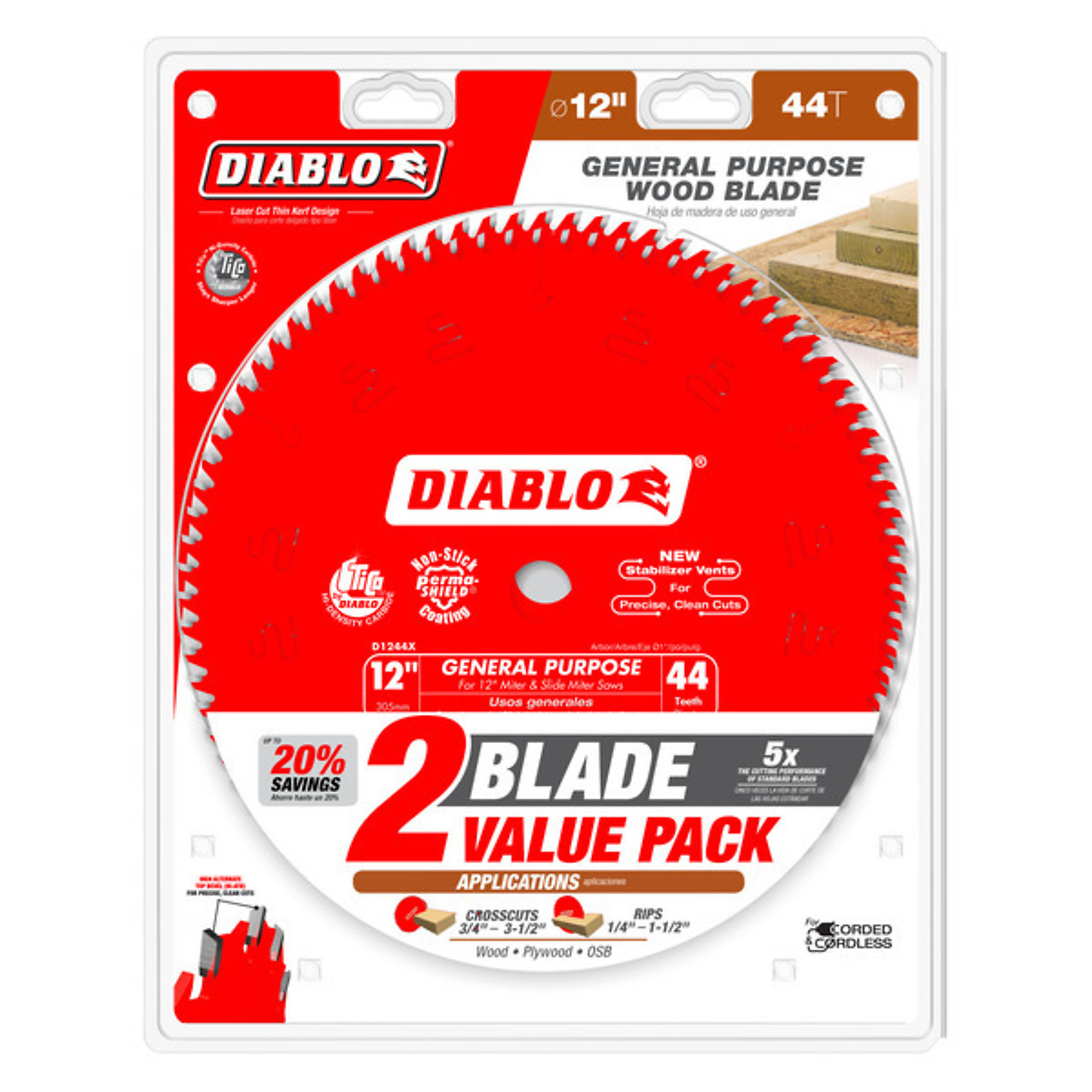 Diablo Tools, 12in. 44 Tooth GP Saw Blade 2-Pack, Blade Diameter 12 in ...