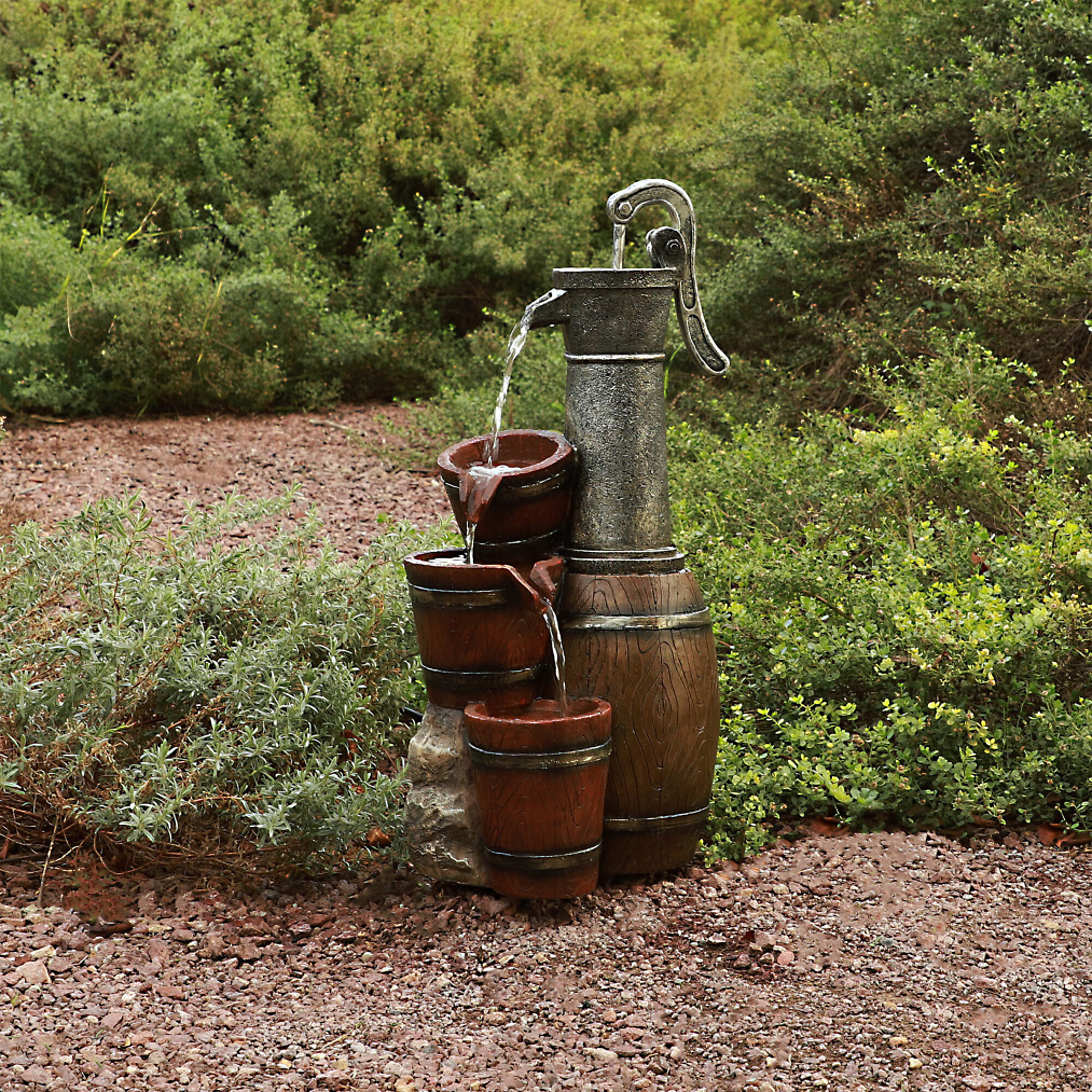 Alpine Corporation, Vintage Barrel Water Pump w/ Buckets Fountain 24in ...