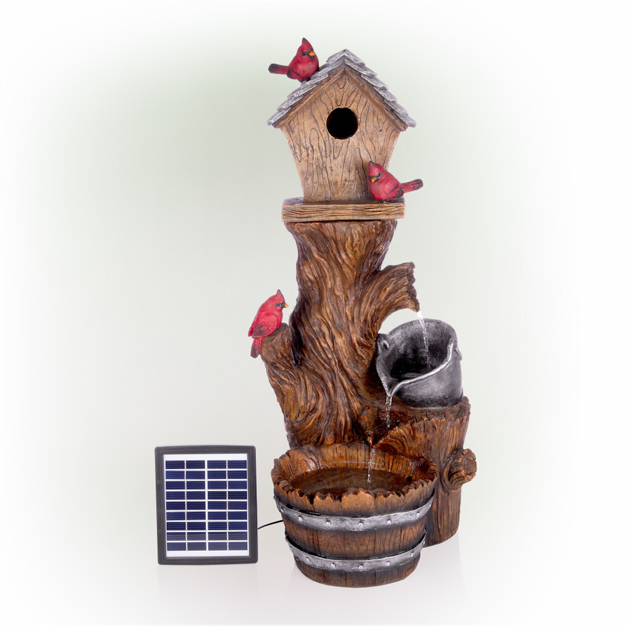 Alpine Corporation, Solar Cardinal Birdhouse Cascading Barrel Fountain ...