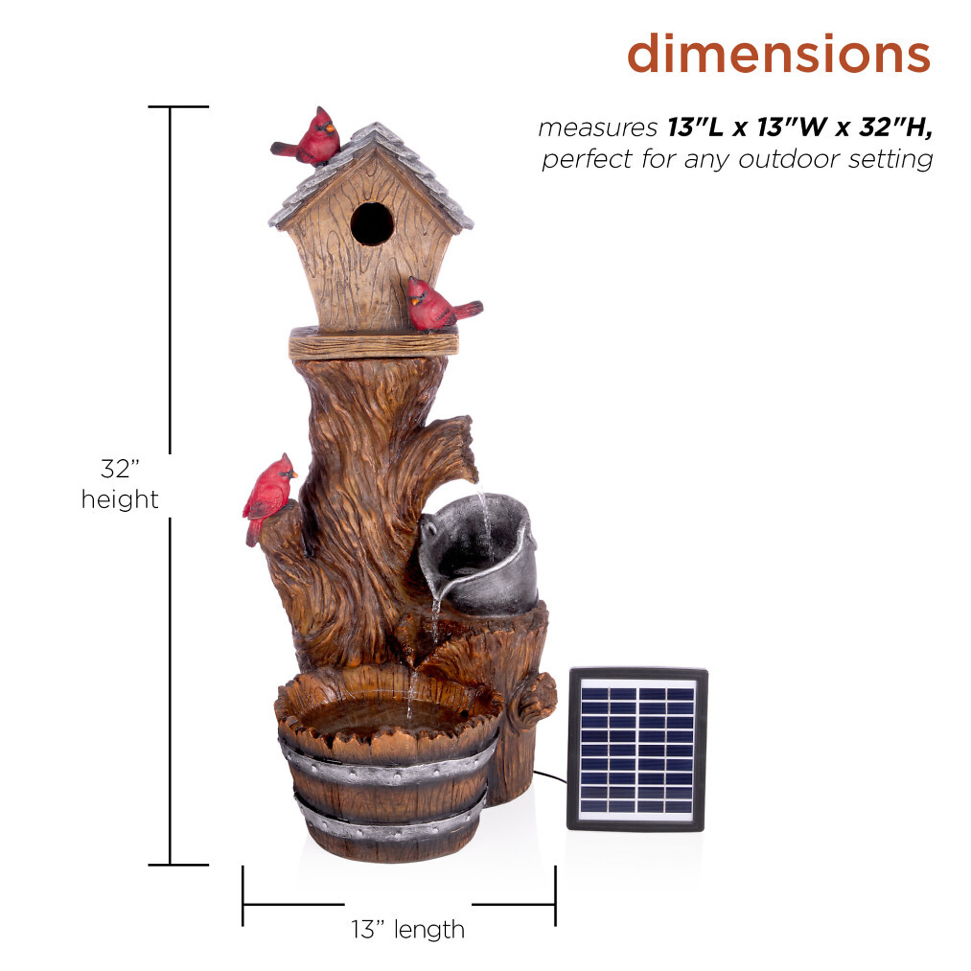 Alpine Corporation, Solar Cardinal Birdhouse Cascading Barrel Fountain ...