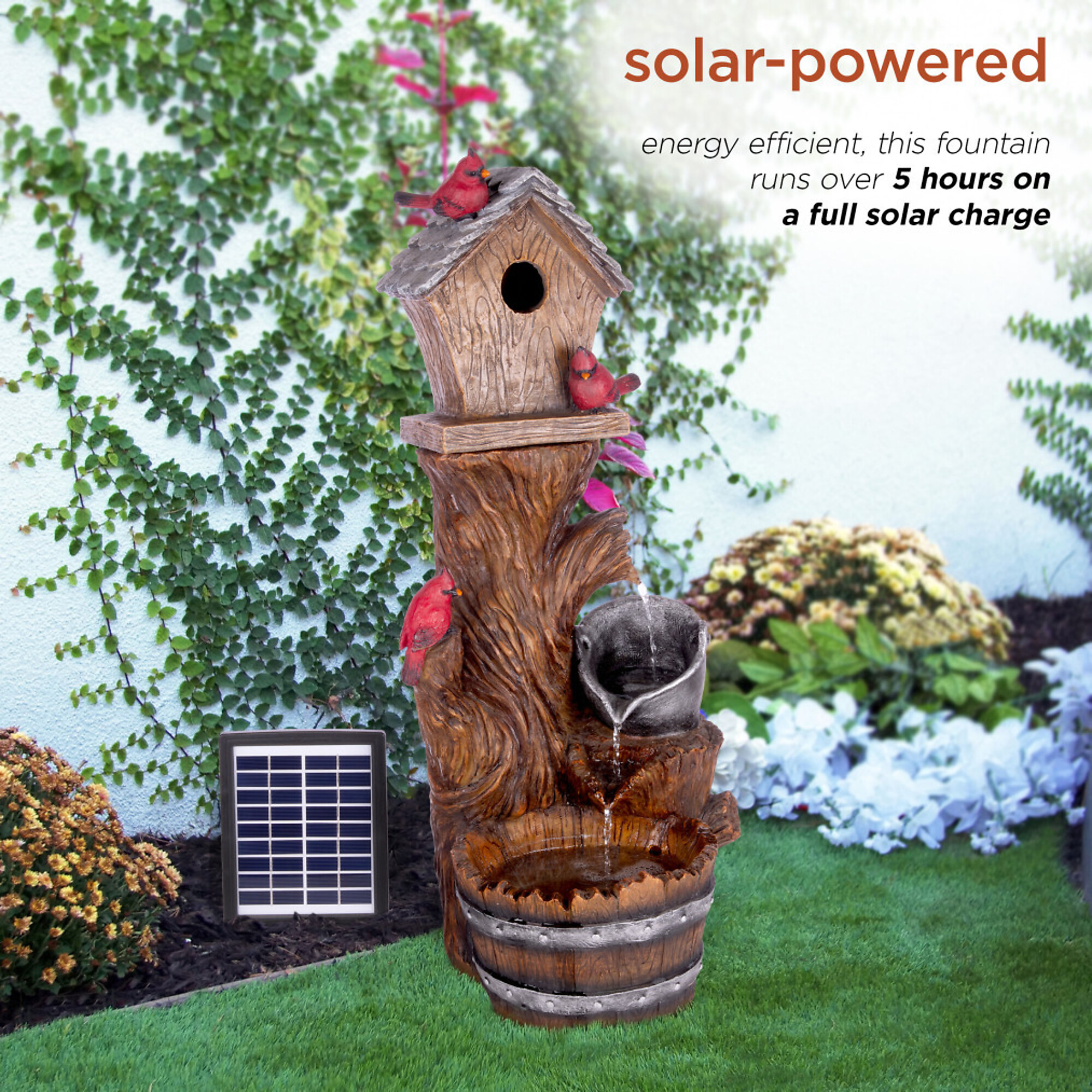 Alpine Corporation, Solar Cardinal Birdhouse Cascading Barrel Fountain ...