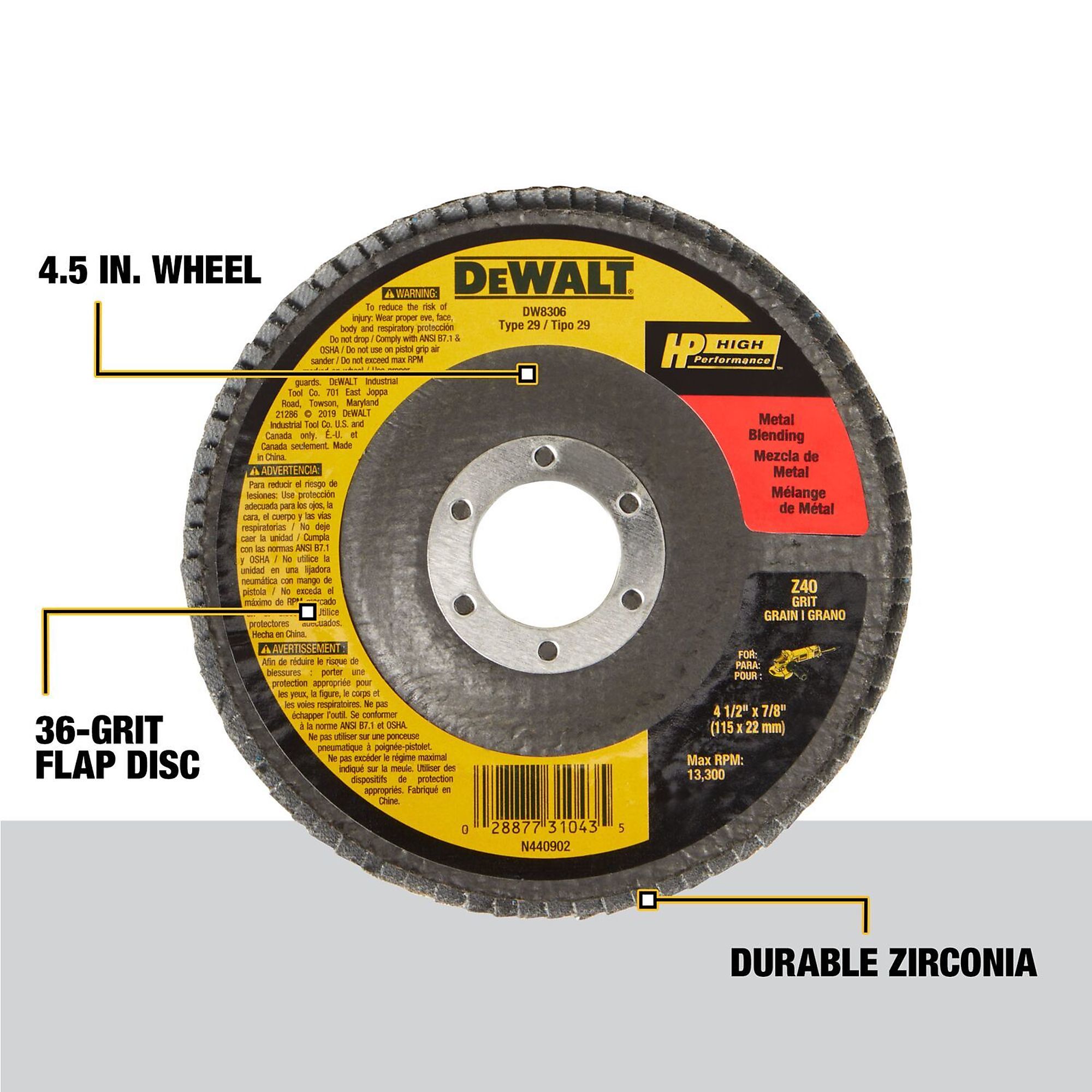 DEWALT, 4-1/2in. x 7/8in. HP T29 Flap Disc 40 Grit, Wheel Diameter 4.5 ...