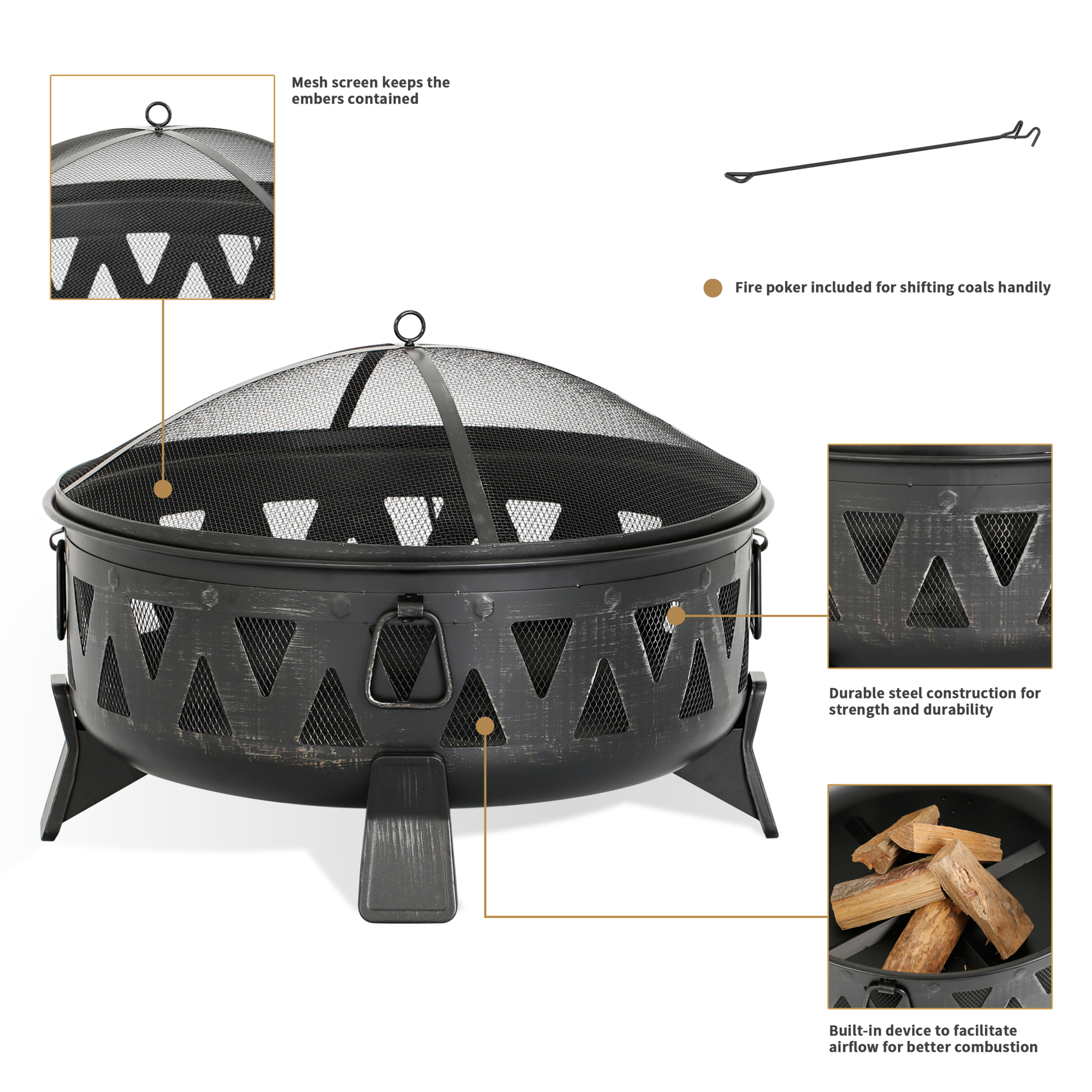 Heatmaxx Heatmaxx, Round Wood Fire Pit w Lid Poker 35in., Diameter 30 ...