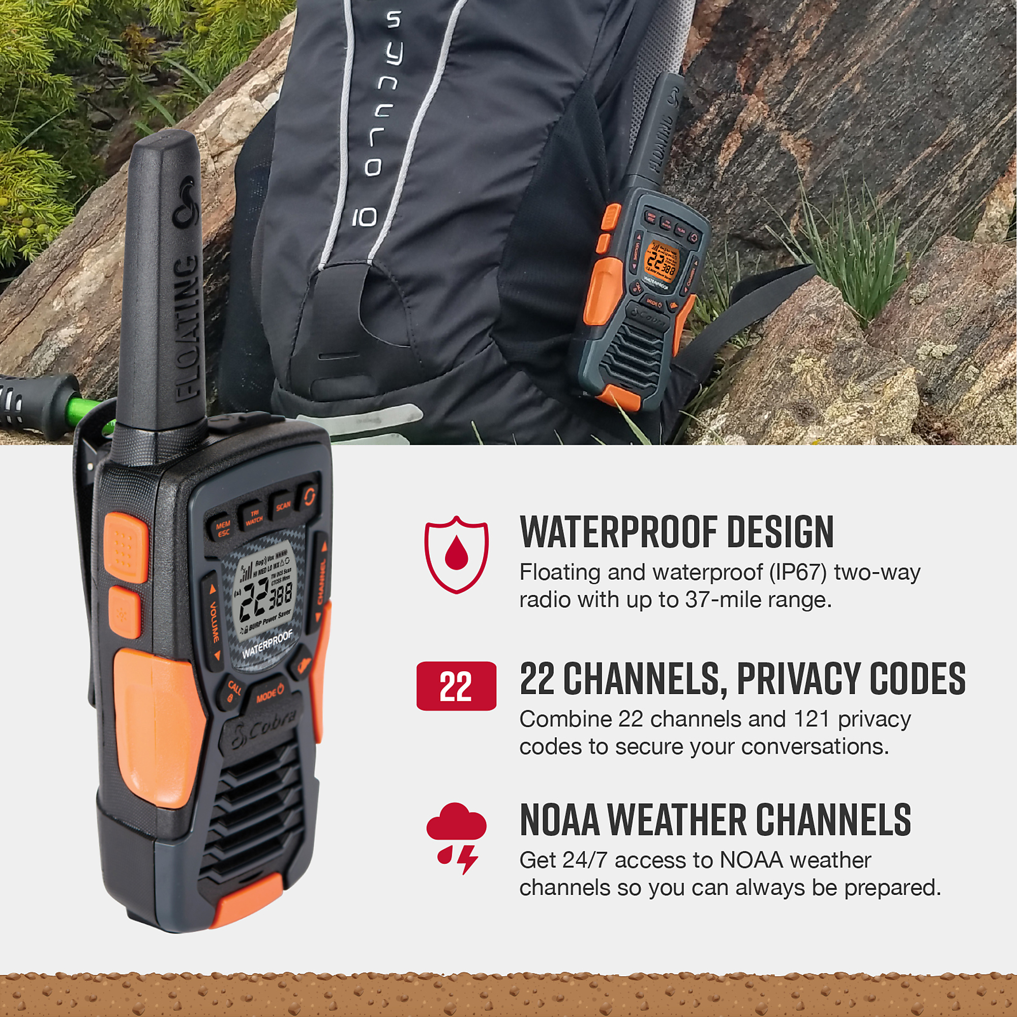 Cobra, 37-Mile, Rugged And Floating Two-Way Radio, 2 Pack, Range 37 ...