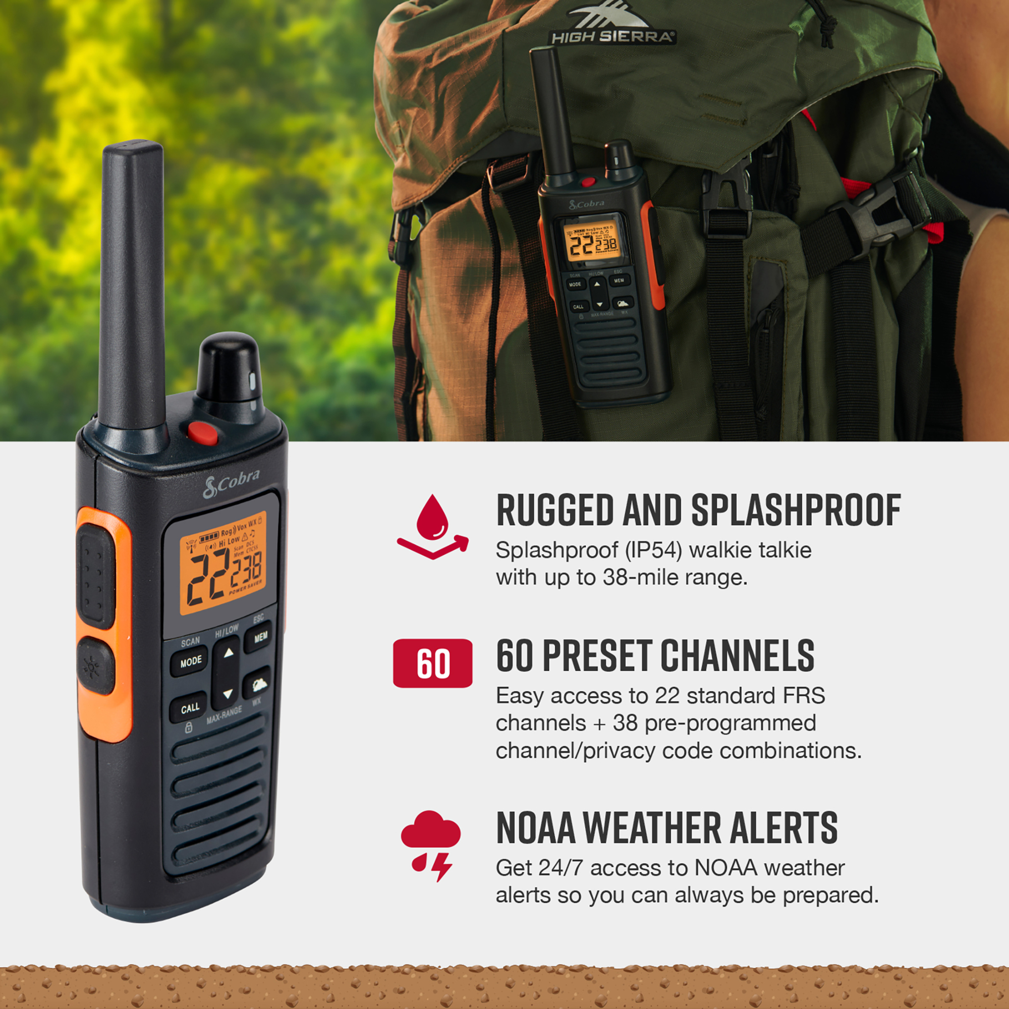 Cobra, 40 Mile Rugged Waterproof Dustproof Two-Way Radios, Range 40 ...