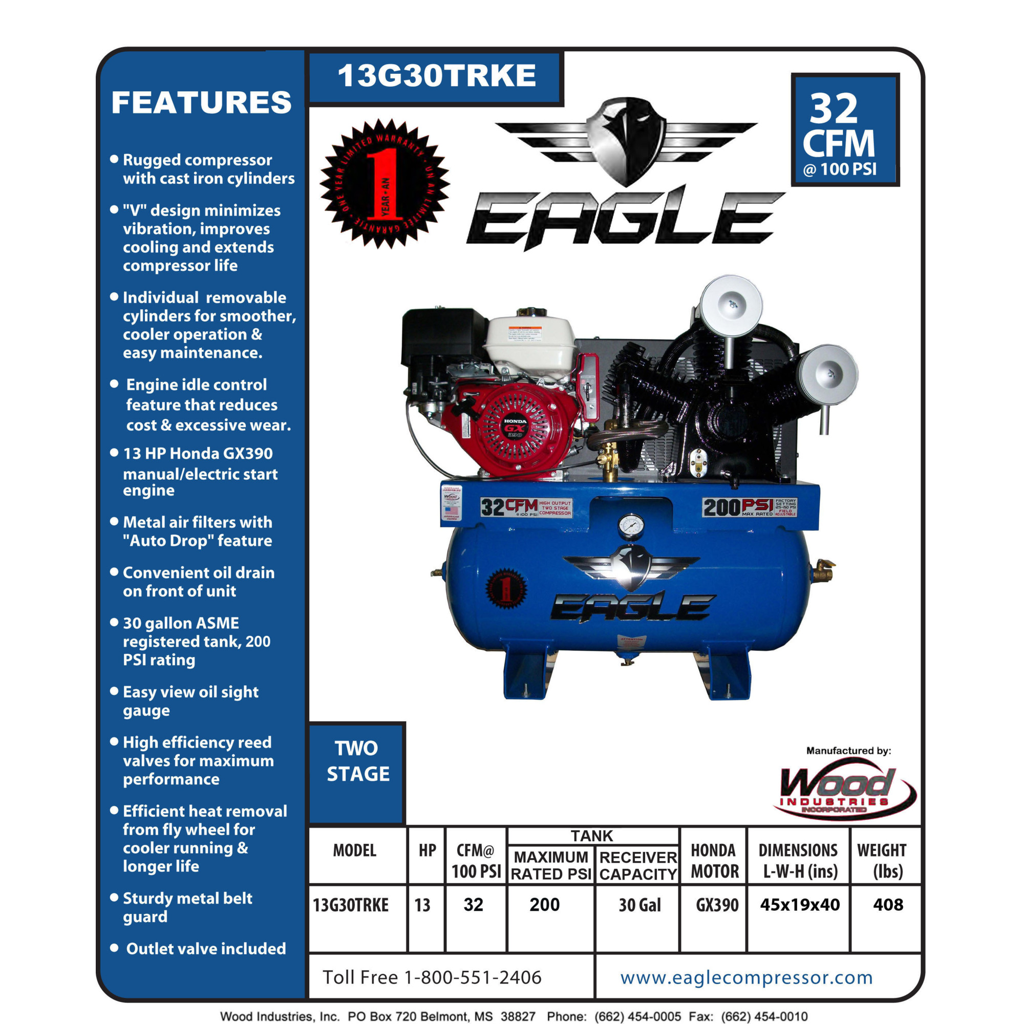 EAGLE, 30 Gallon Truck Mount Compressor, Horsepower 13 HP, Air Tank ...