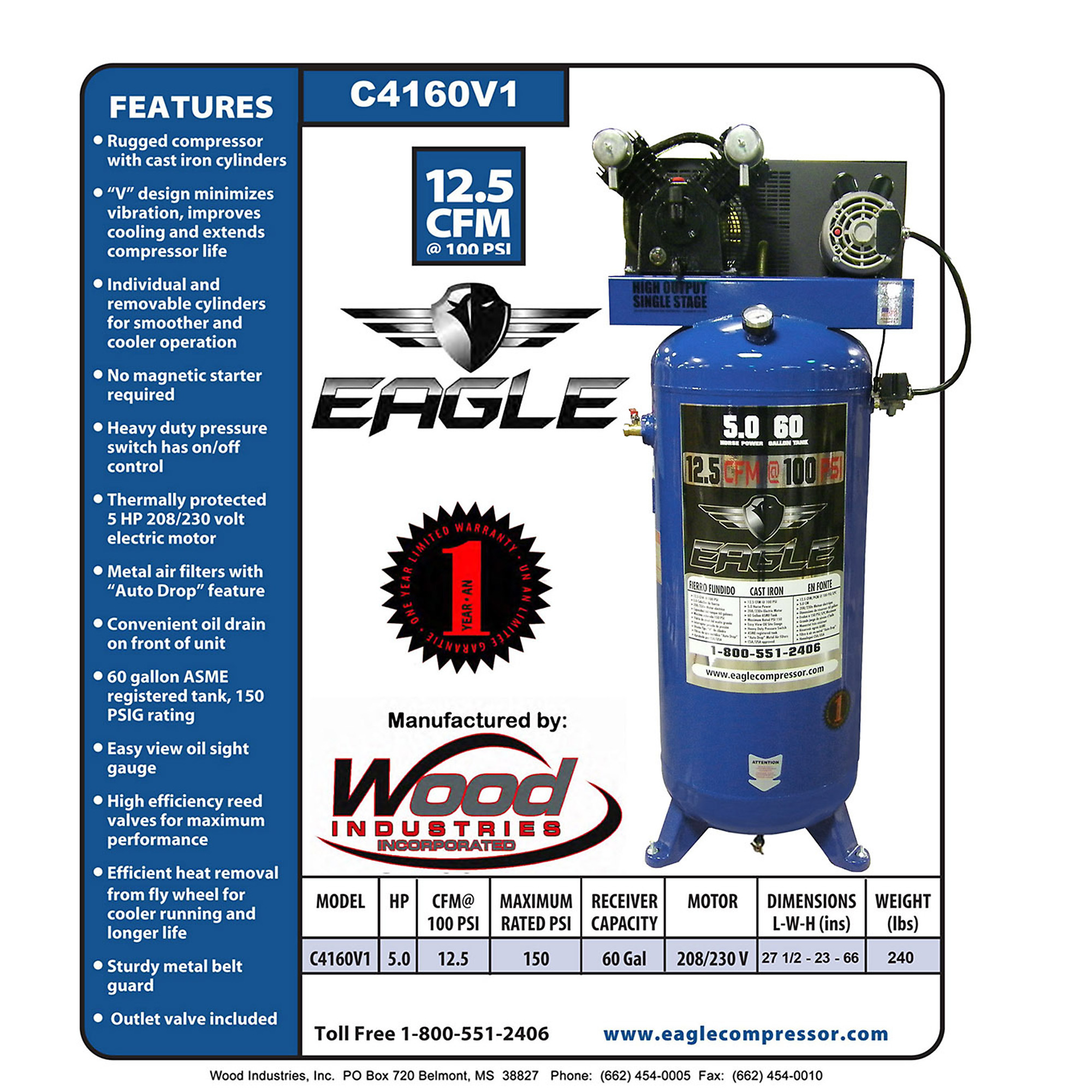 EAGLE, 60 Gallon 12.5 CFM Air Compressor, Horsepower 4 HP, Air Tank ...