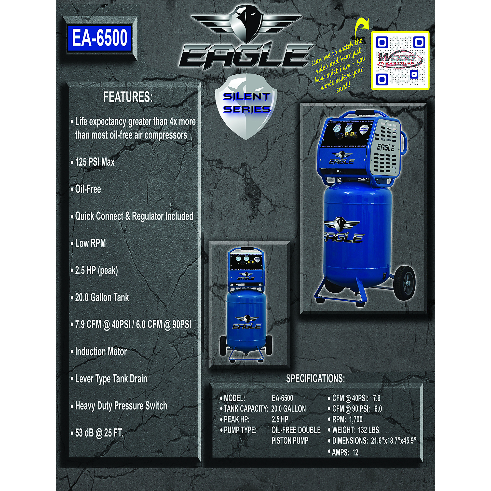 EAGLE 20 Gallon Silent Air Compressor Horsepower 2.5 HP Air Tank Size 20 Gal Volts 110 Volt Model EA 6500 Northern Tool