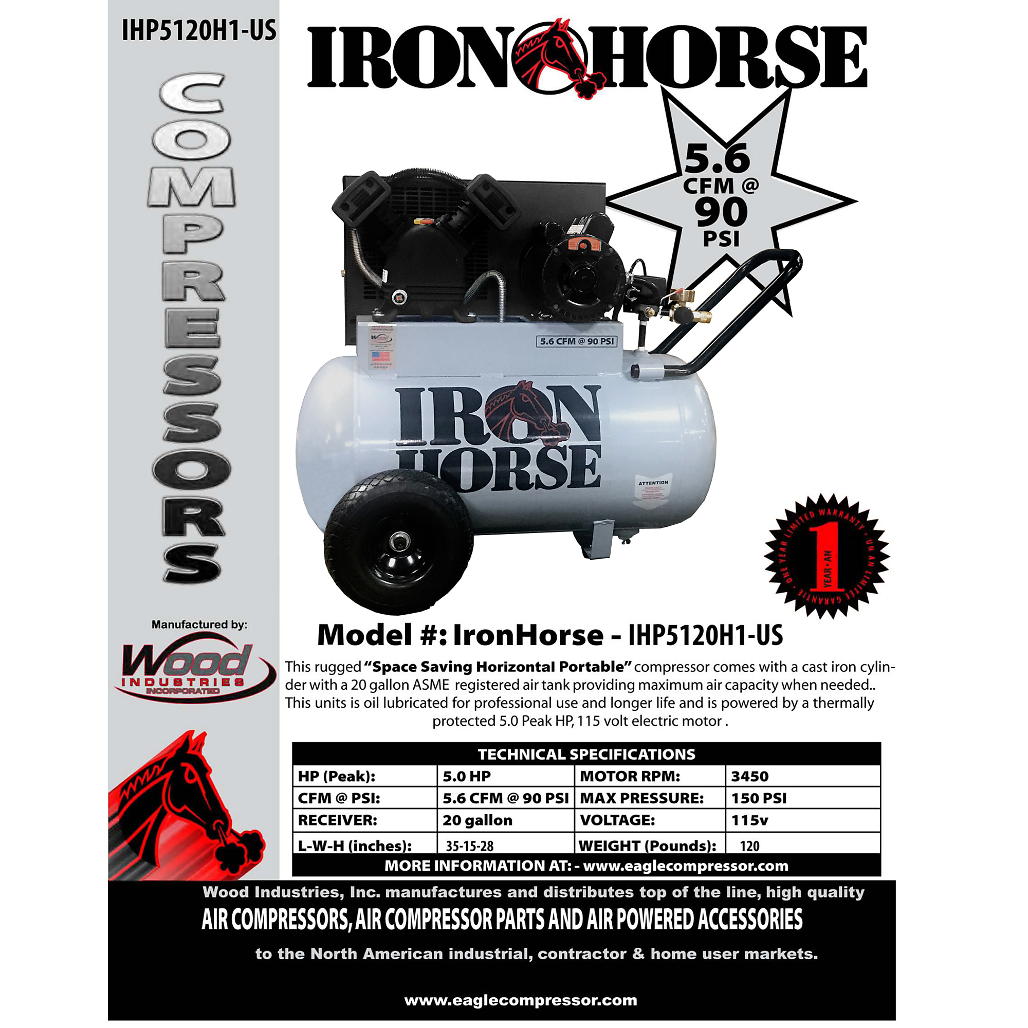 Iron Horse, 20 Gallon Horizontal Belt Drive Compressor, Horsepower 2 HP ...