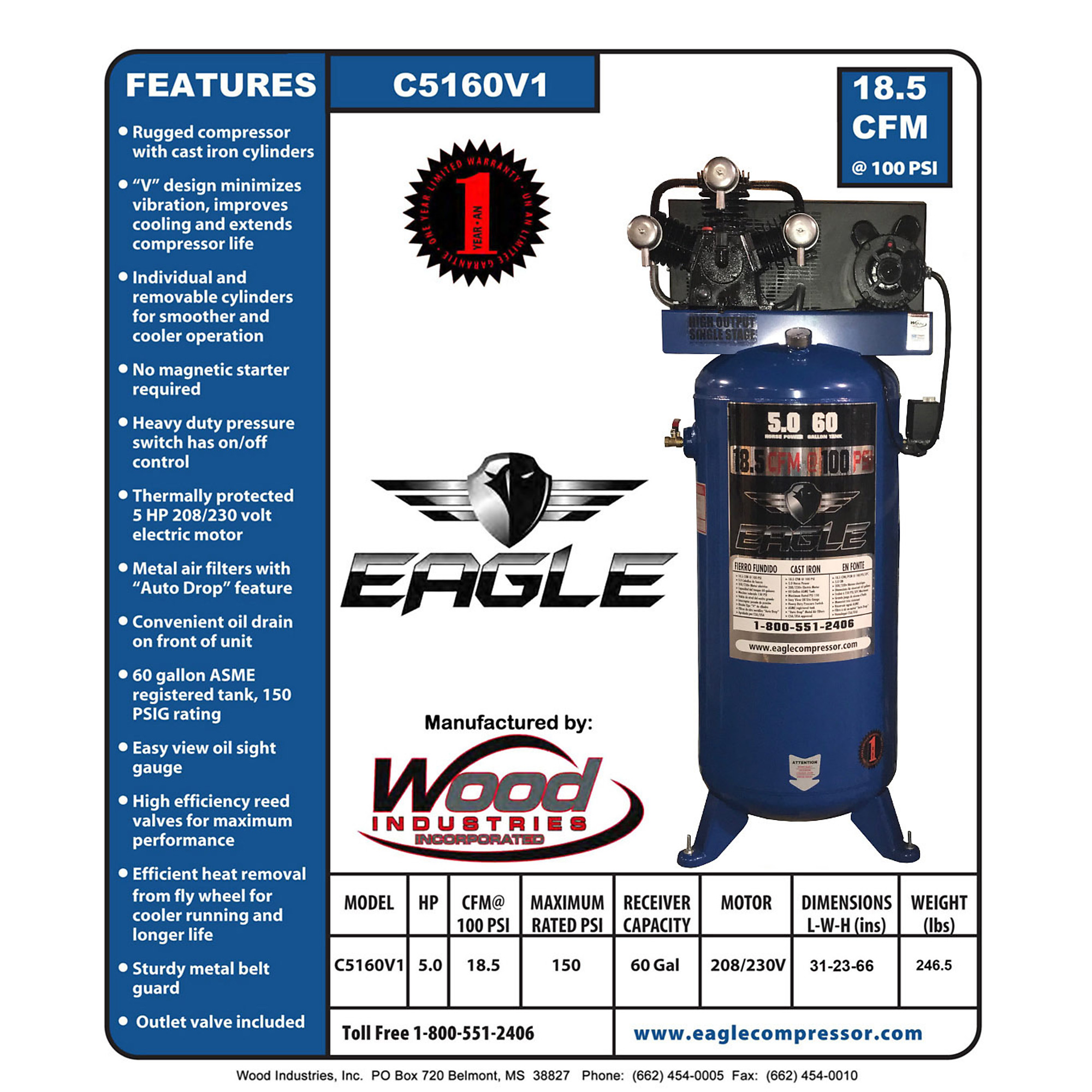 EAGLE, 60 Gallon 18.5 CFM Air Compressor, Horsepower 5 HP, Air Tank ...