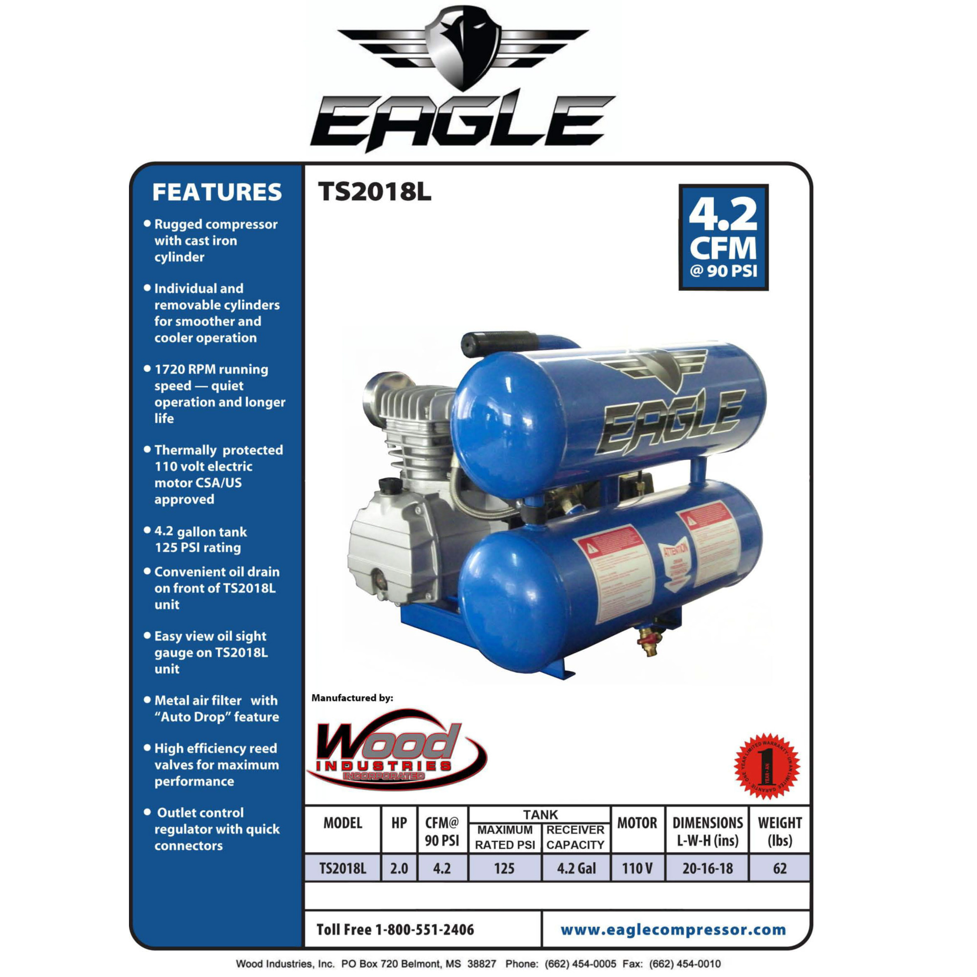 EAGLE, 4.2 Gallon Hand Carry Compressor, Horsepower 2 HP, Air Tank Size ...
