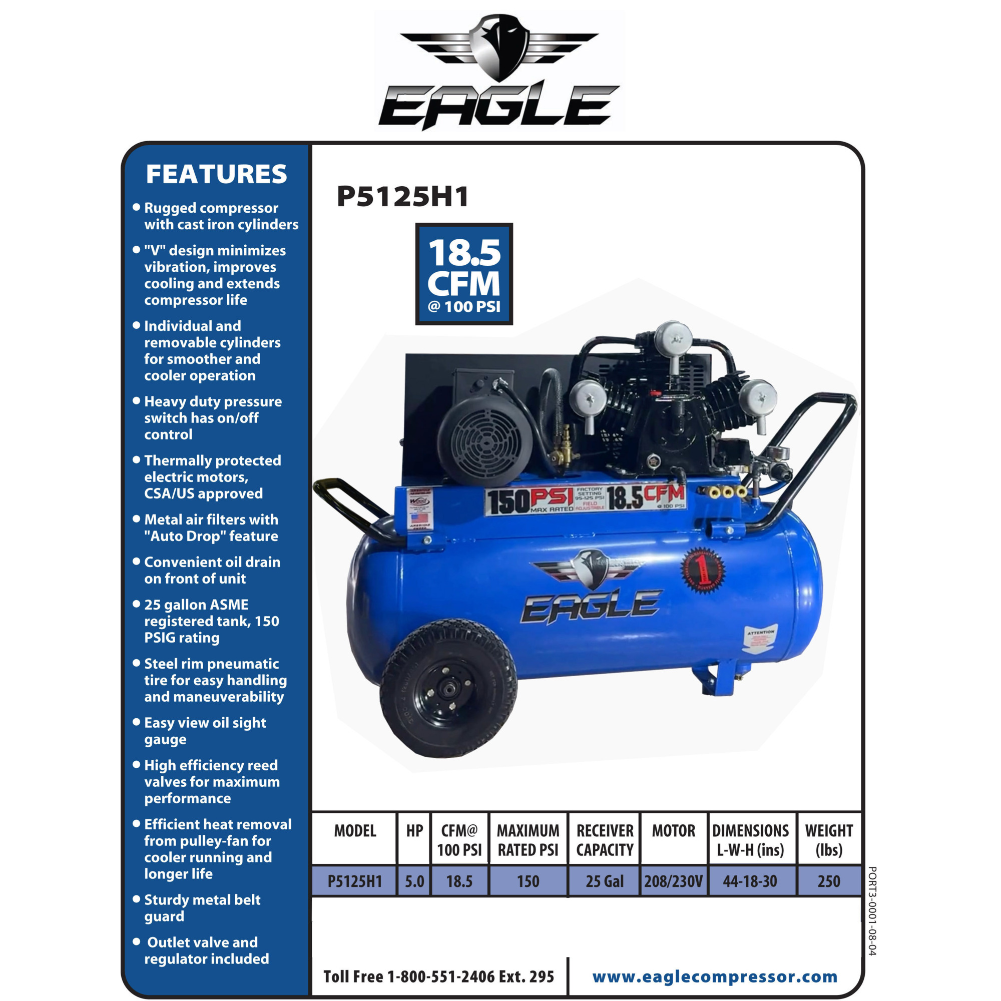 EAGLE, 18.5 CFM Portable Air Compressor, Horsepower 5 HP, Air Tank Size ...